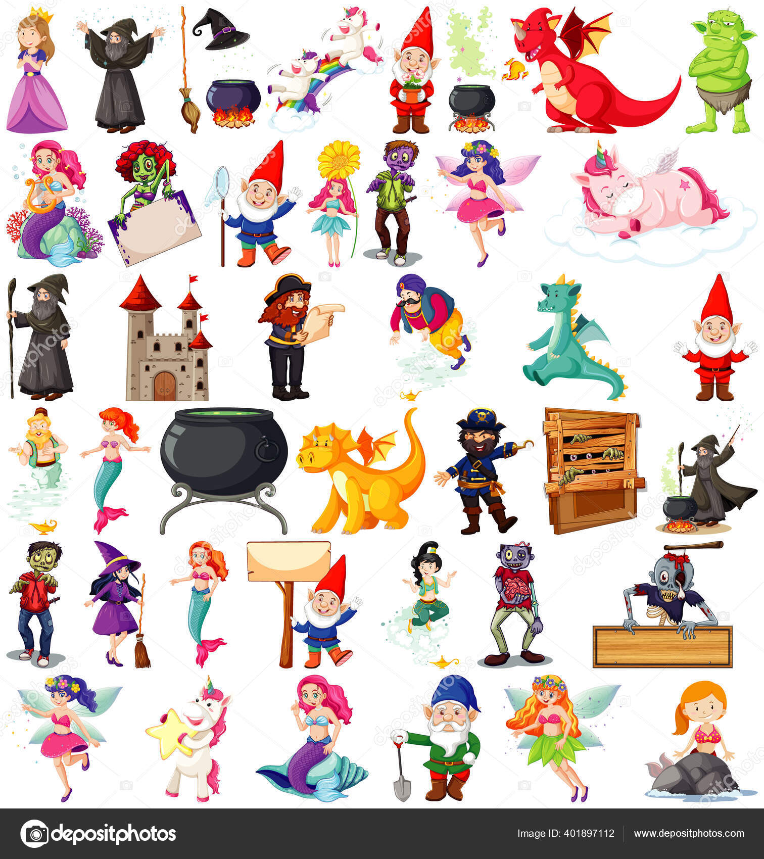 Set Fantasy Cartoon Characters Fantasy Theme Isolated White Background ...