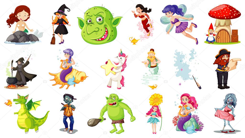 Conjunto de personajes de dibujos animados de fantasía y tema de ...
