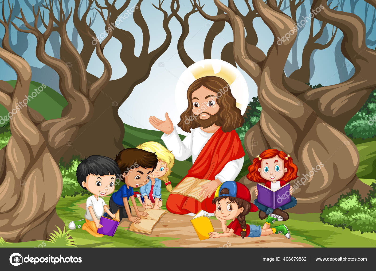 Jesús Predicando Grupo Niños Escena Forestal Ilustración Vector de ...