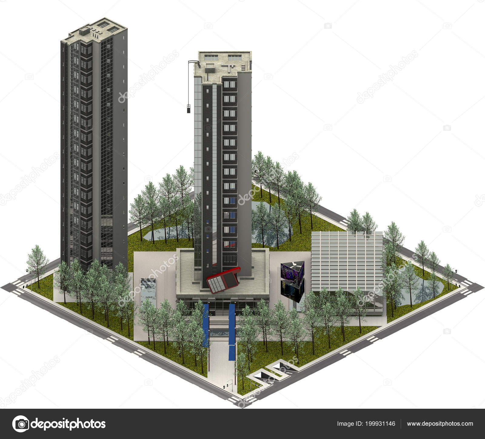 Isometric city buildings, modern architecture. 3D rendering Stock Photo ...