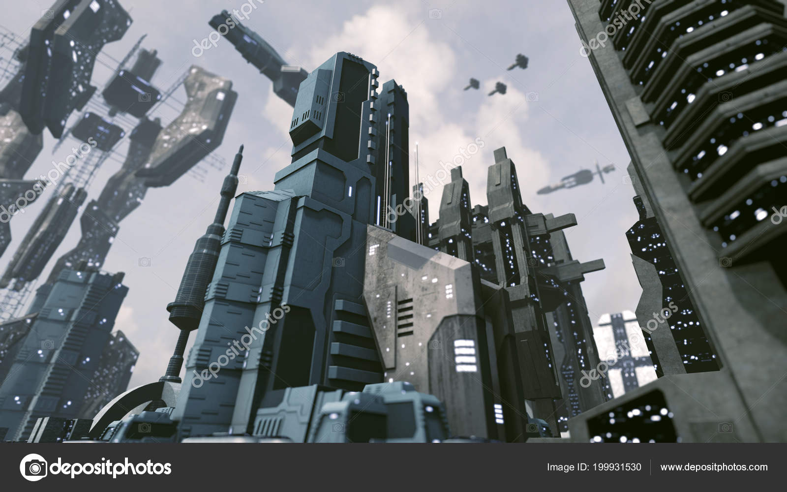 Futuristic scifi city with spaceship takes off. 3D rendering Stock ...
