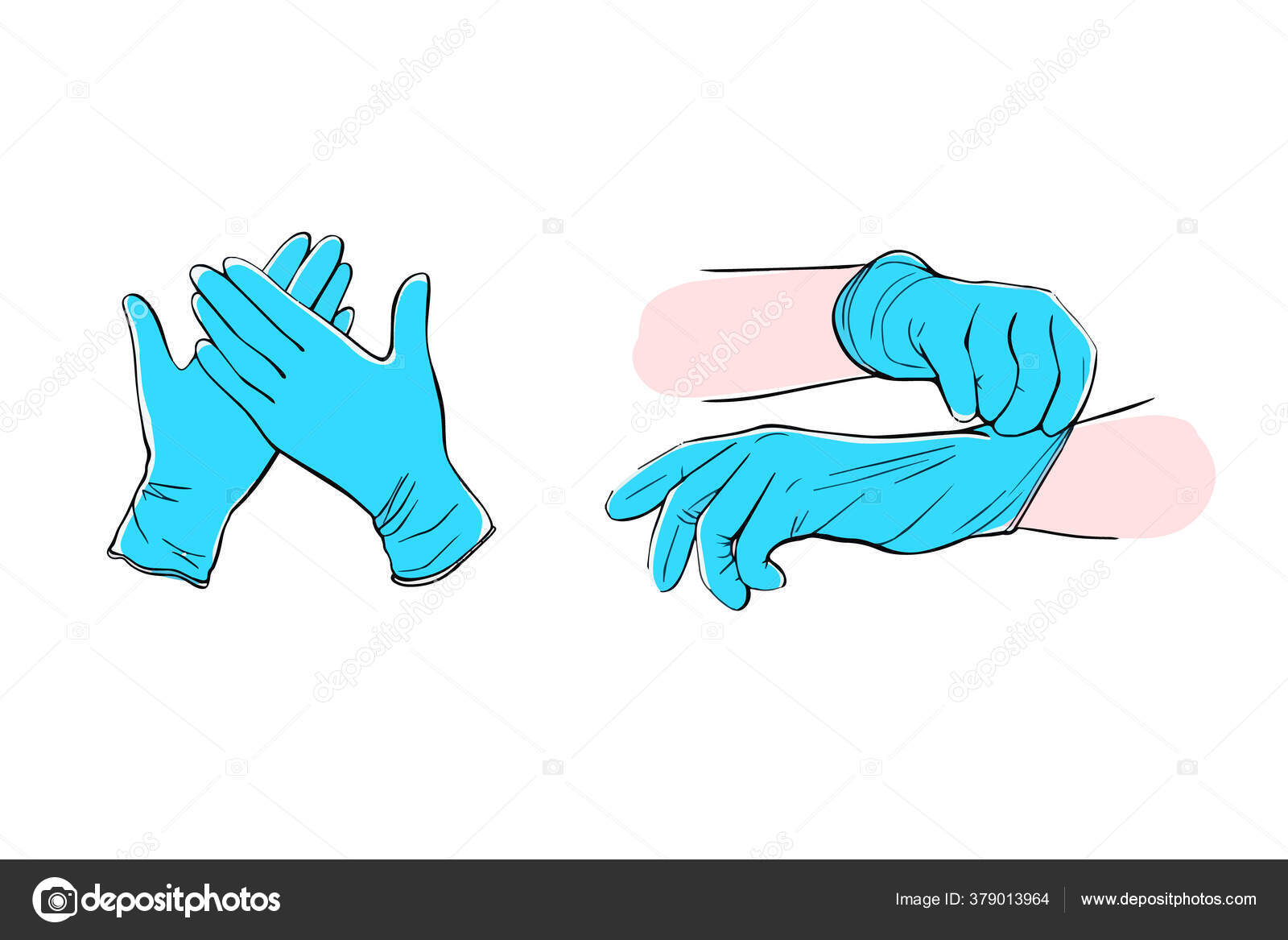 Medical protective gloves isolated on a white background.Latex surgical gloves. Hand-drawn ...