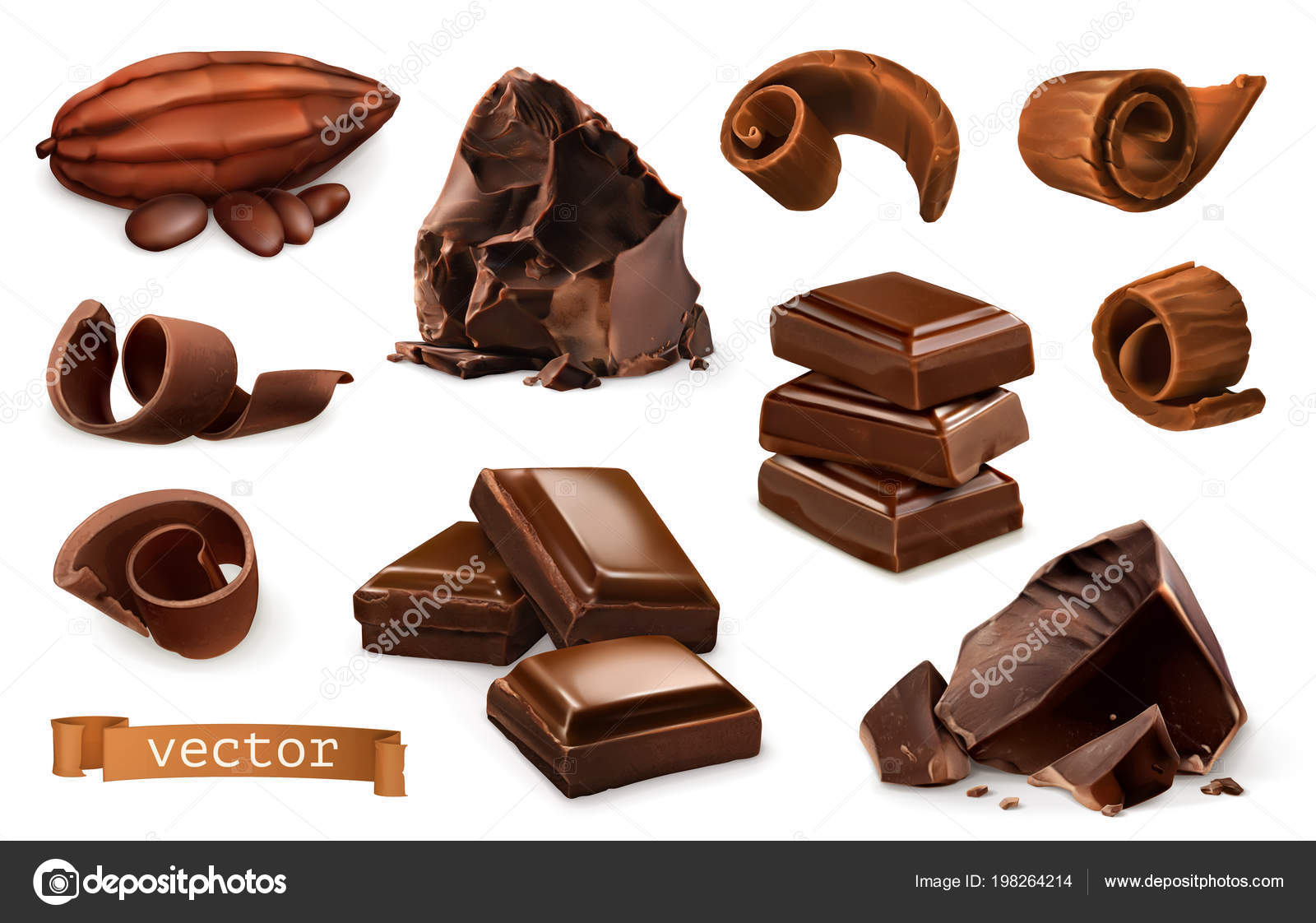 Chocolate Pieces Shavings Cocoa Fruit Realistic Vector Icon Set Stock ...