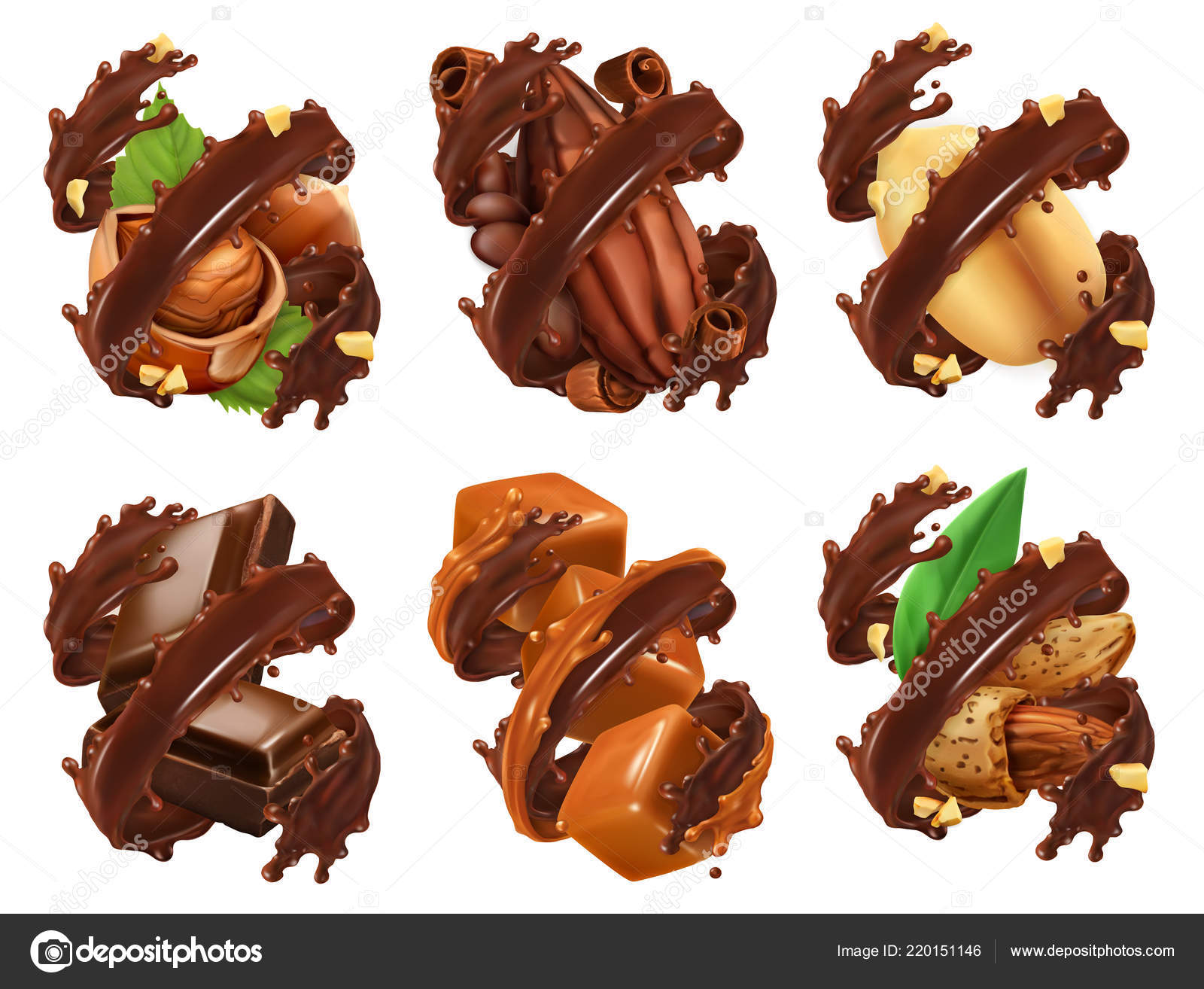 Coklat Kacang Karamel Biji Kakao Dalam Percikan Coklat Vektor Realistis ...