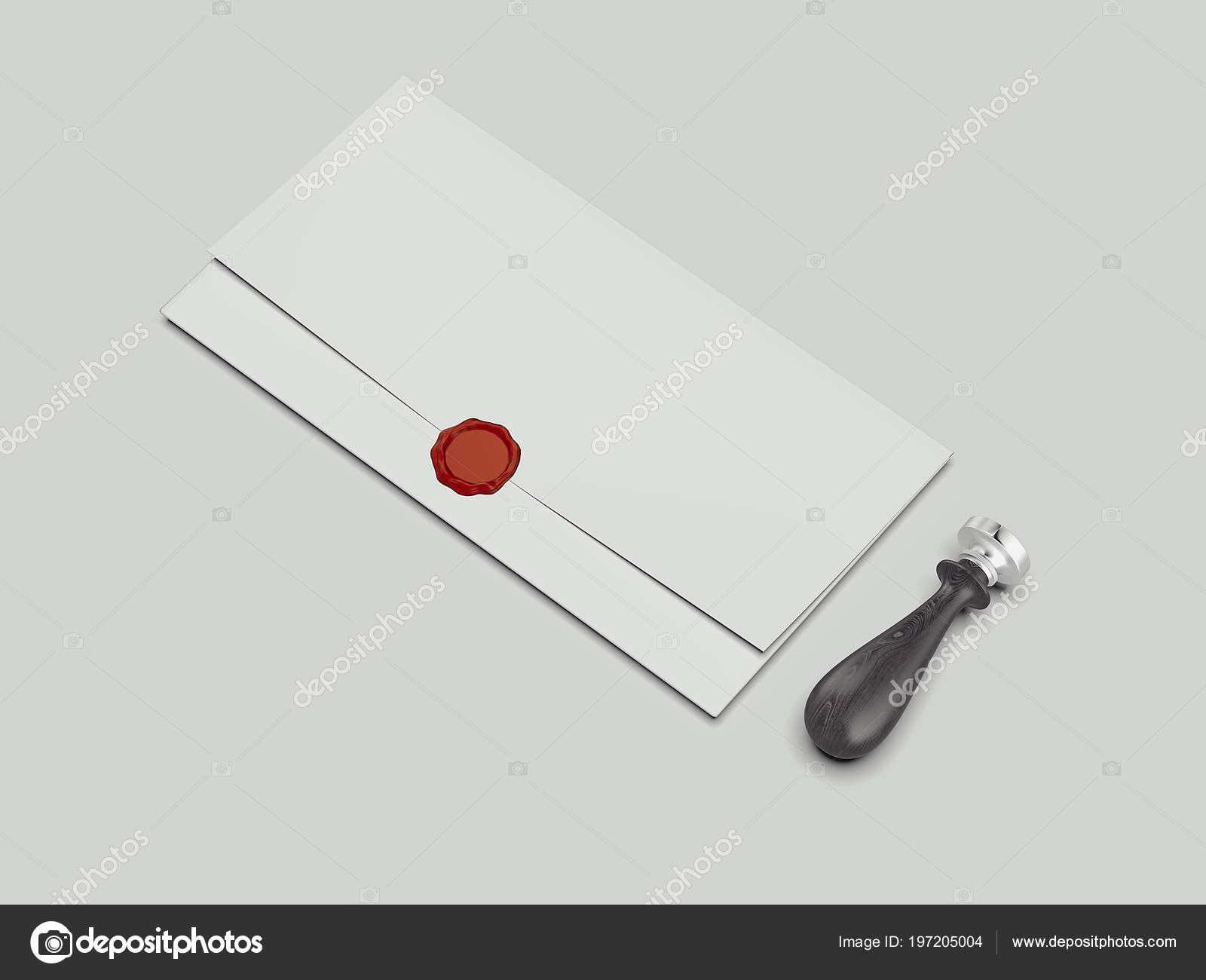 Realistic closed envelope with red wax seal and wax stamp, 3d rendering ...