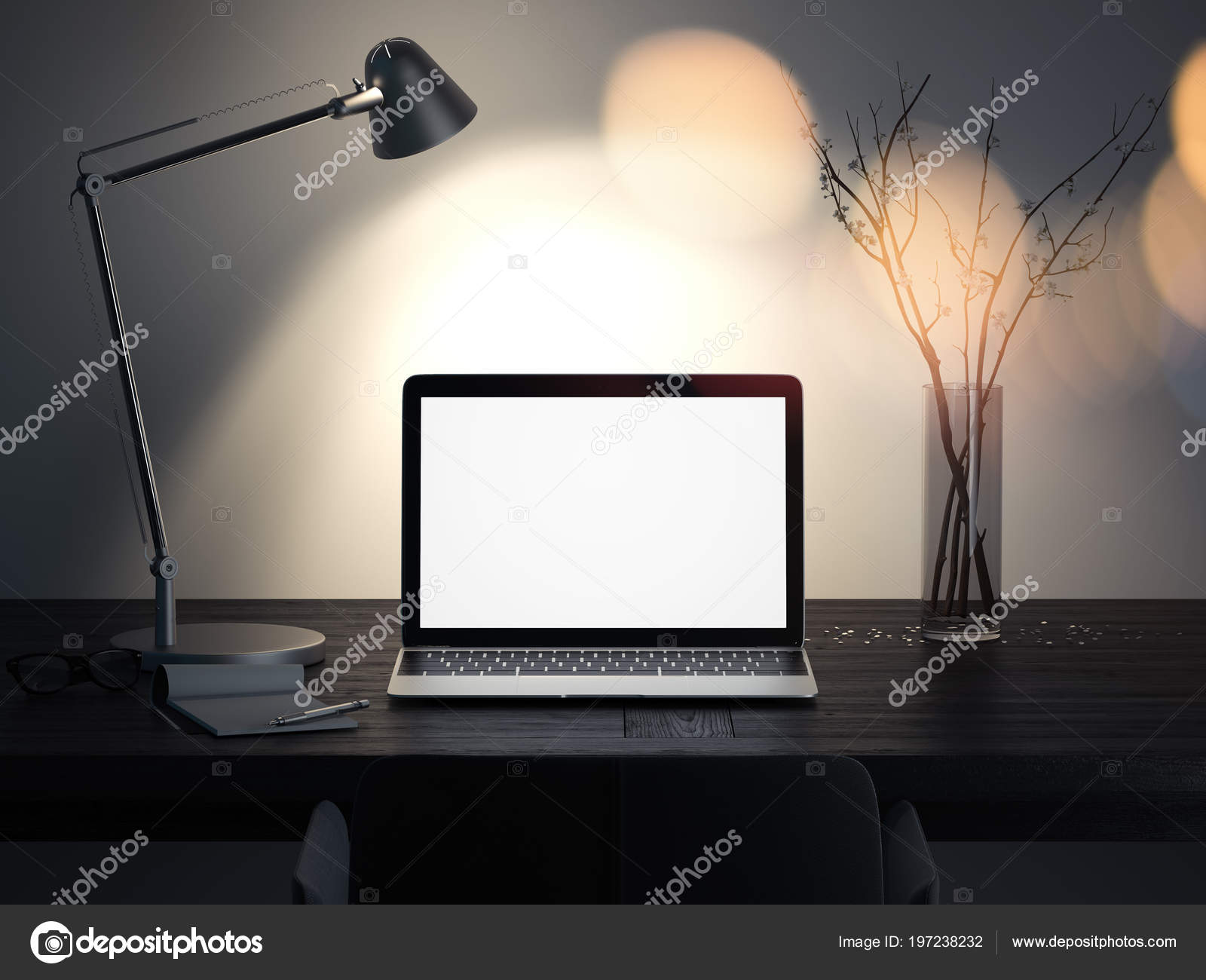 Realistic laptop on a dark table under the lamp in dark room, 3d ...