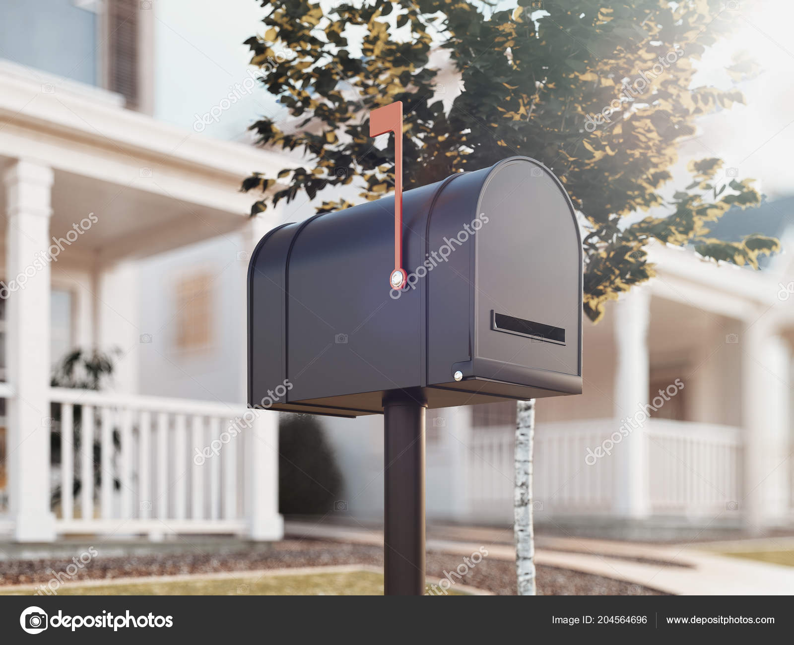Closed mail box with big house and green tree on background, 3d ...