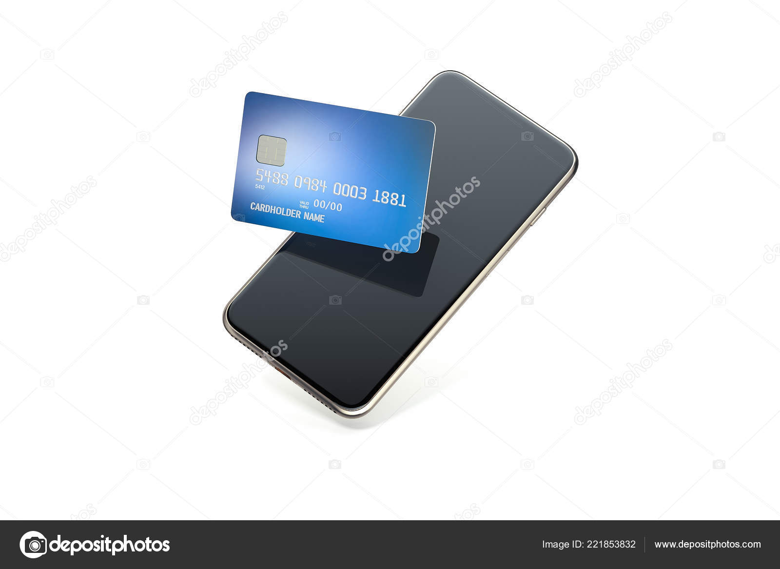 Bank credit card on mobile phone screen on white background. 3d ...