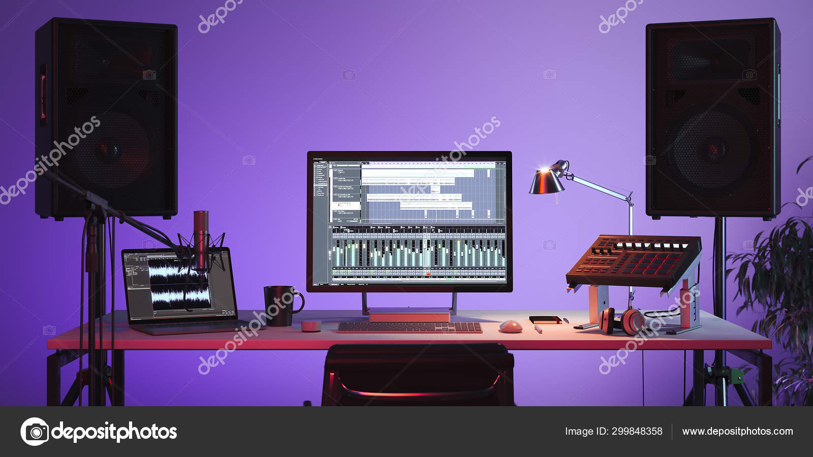 Estúdio Computer Music Station configurado. console de mistura de áudio ...