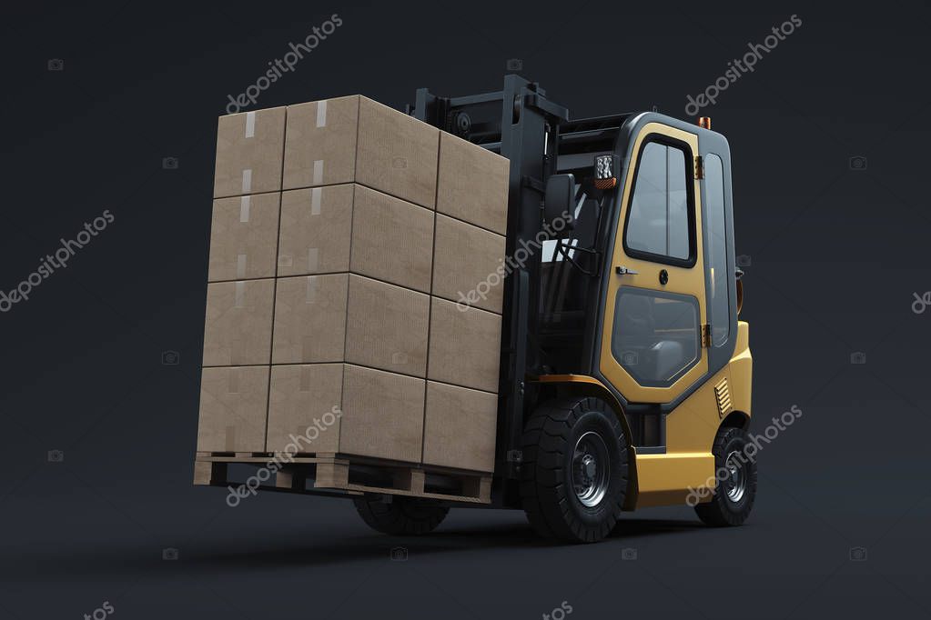 Carretilla elevadora transportando carga. Cargador de montacargas. Equipo de cami n apilador de ...
