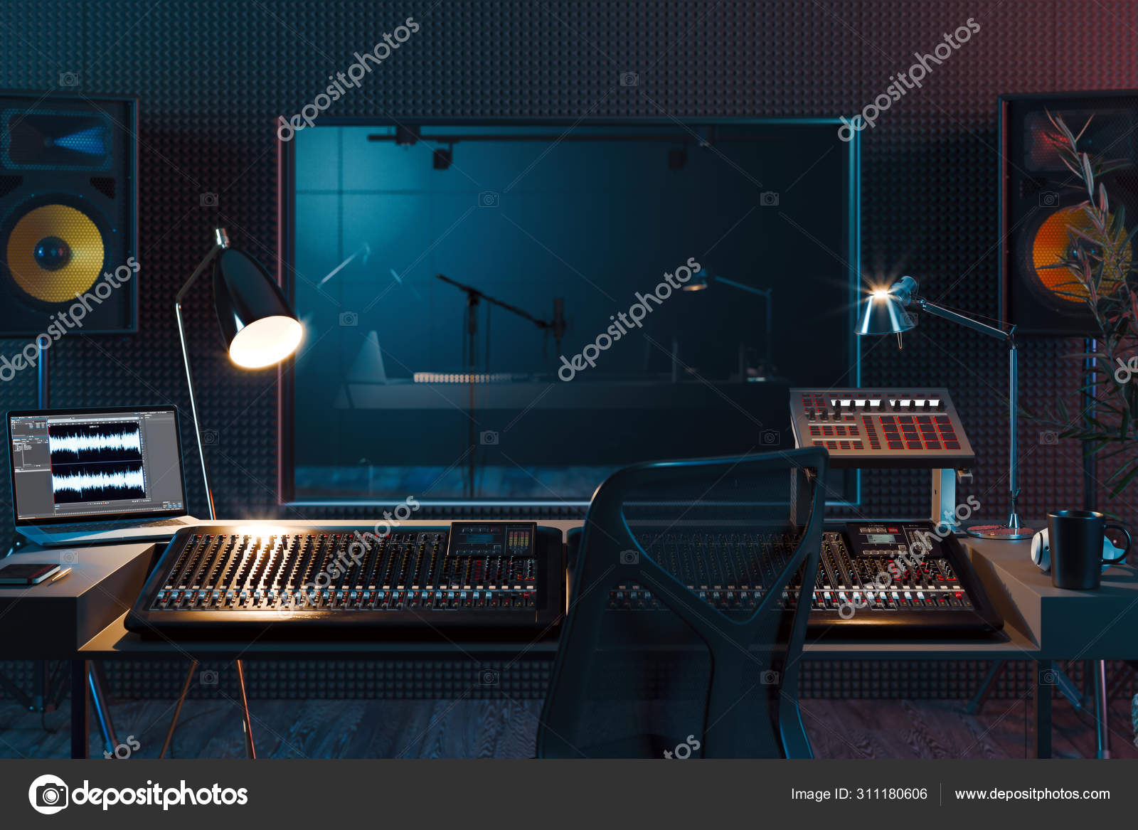 Studio Computer Music Station set up. Professional audio mixing console ...