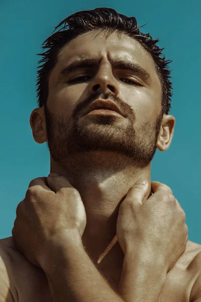 Strong Face Male Model Nature Background Sand Water Beach Sunset Stock ...