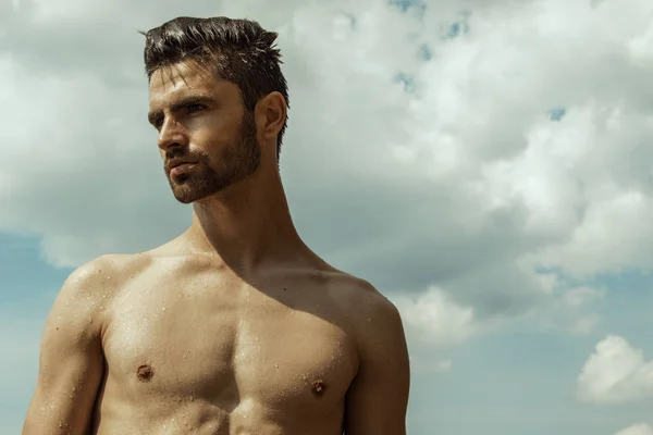 Strong Face Male Model Nature Background Sand Water Beach Sunset Stock ...