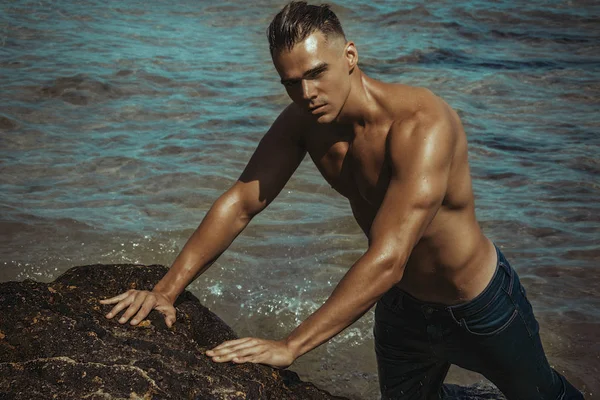 Strong Face Muscled Male Model Nature Background Sand Rocks Water Stock ...