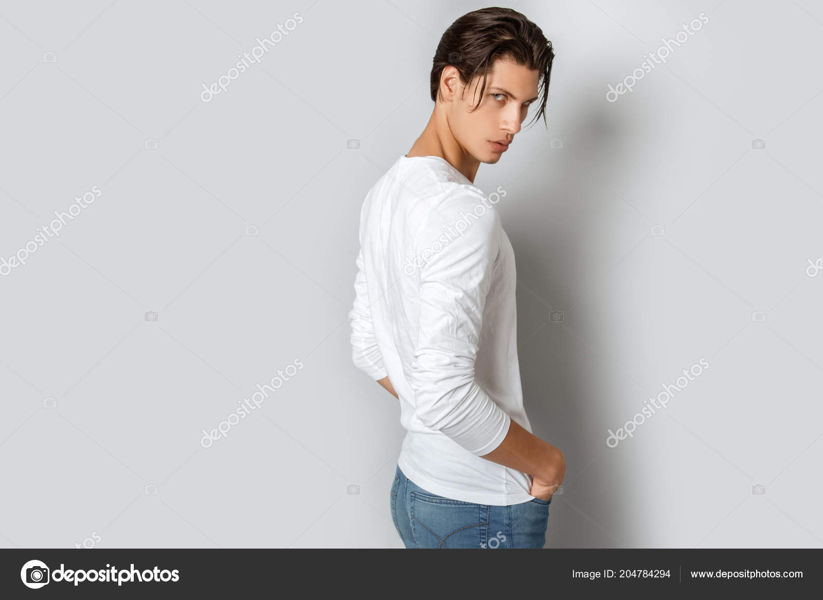 Strong Face Male Model Casual Style White Sirt Jeans White Stock Photo ...