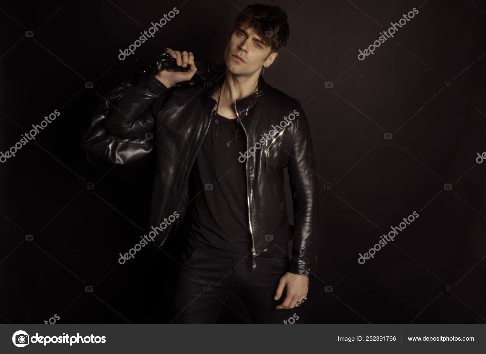 Strong Stripped Muscle Male Model Casual Look Black Leather Jacket ...