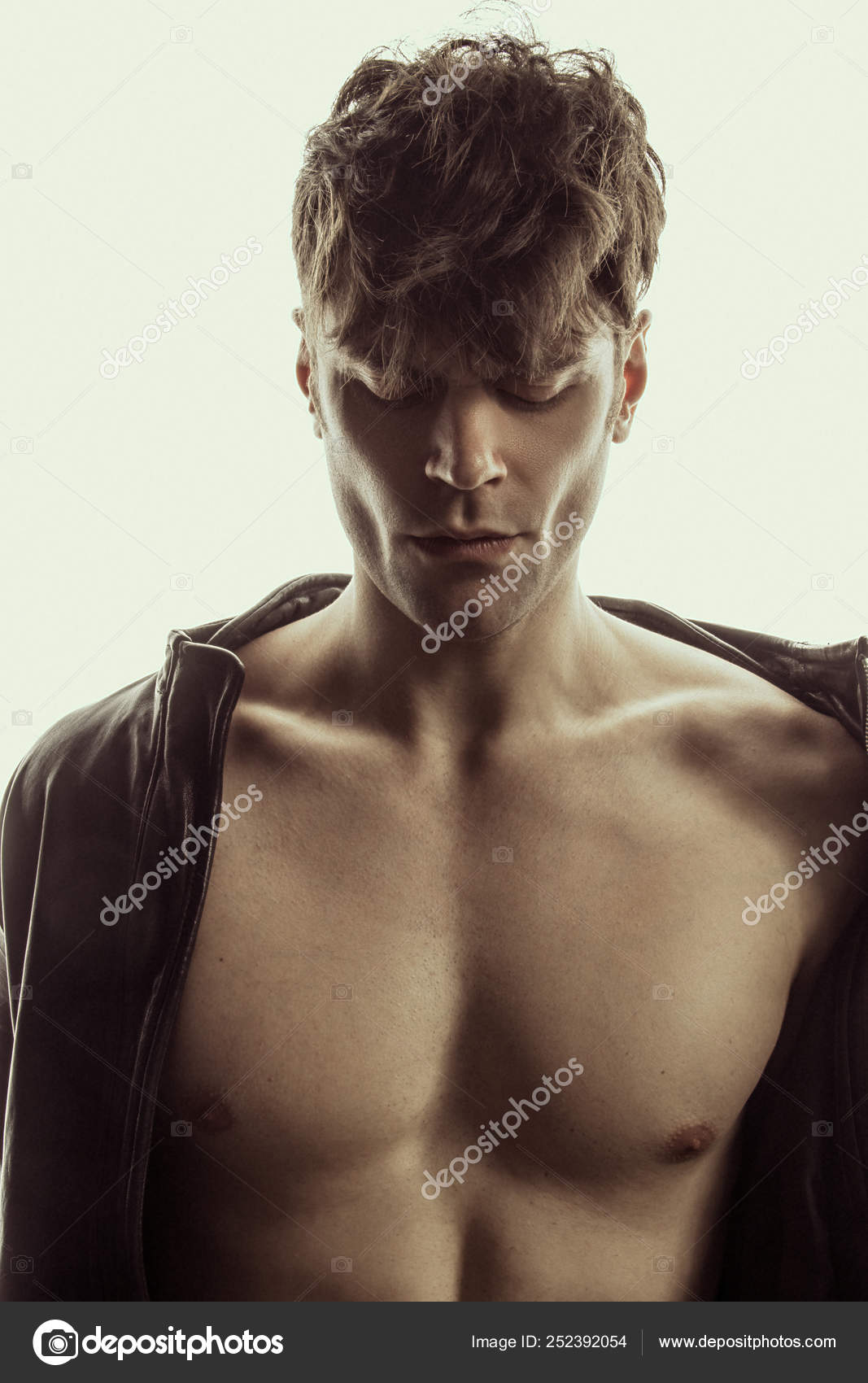 Strong Stripped Muscle Male Model Casual Look Black Leather Jacket ...