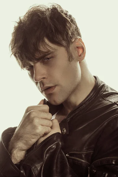 Strong Stripped Muscle Male Model Casual Look Black Leather Jacket ...