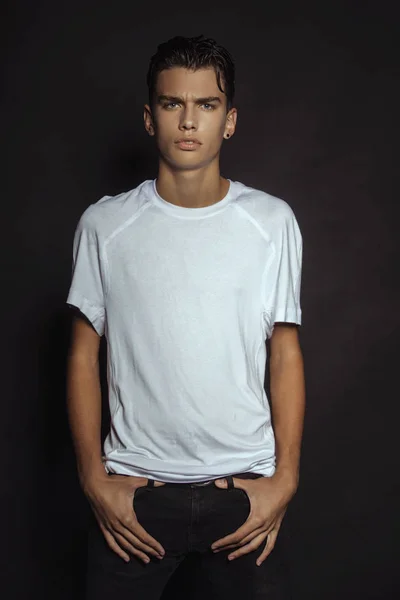 Strong Stripped Muscle Male Model Casual Look White Shirt Black Stock ...