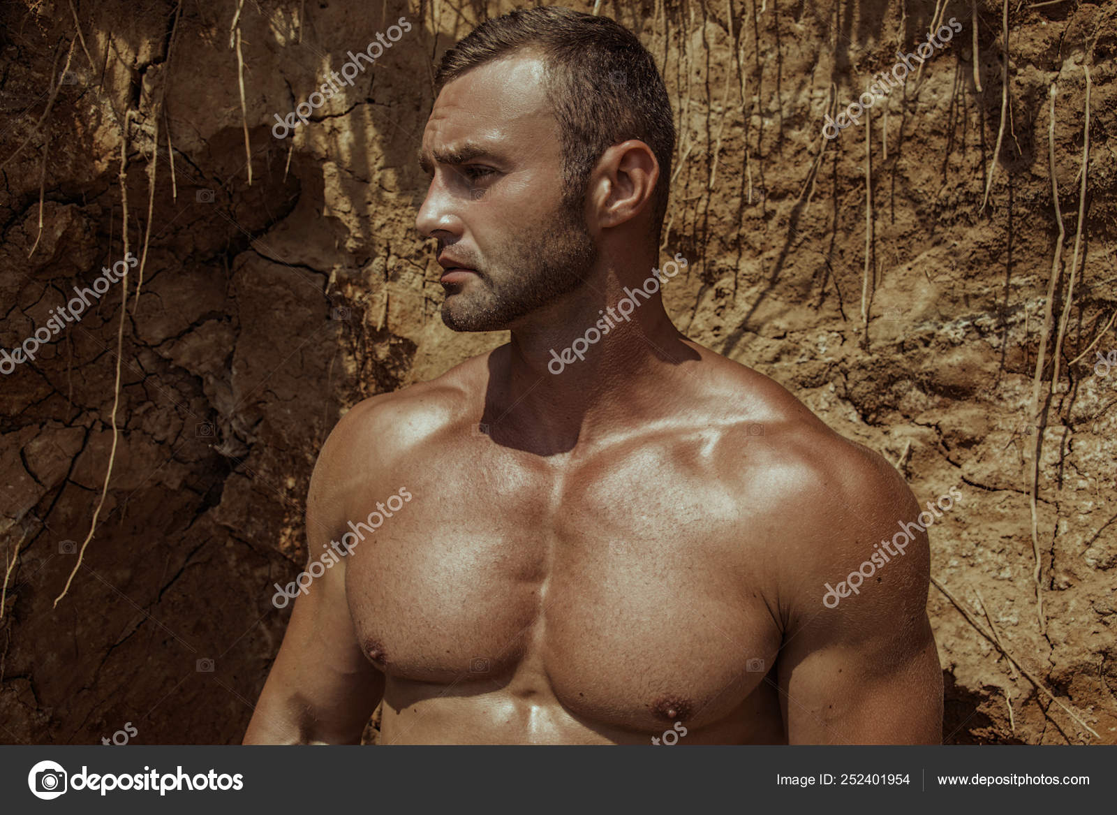 Strong Face Muscle Male Model Nature Background Sand Stones Water Stock ...