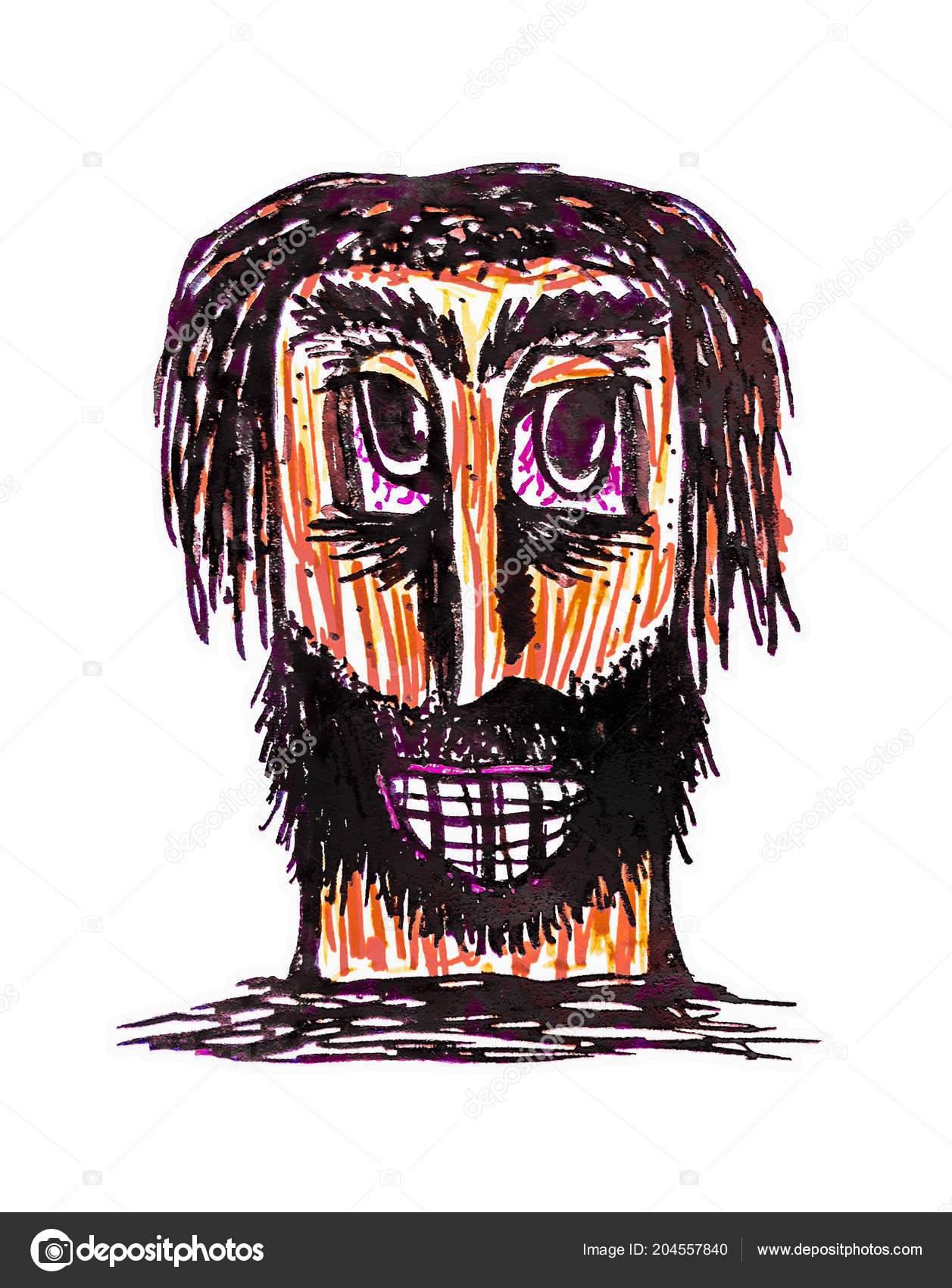 Front View Portrait Primitive Man Drawing Isolated White Background ...