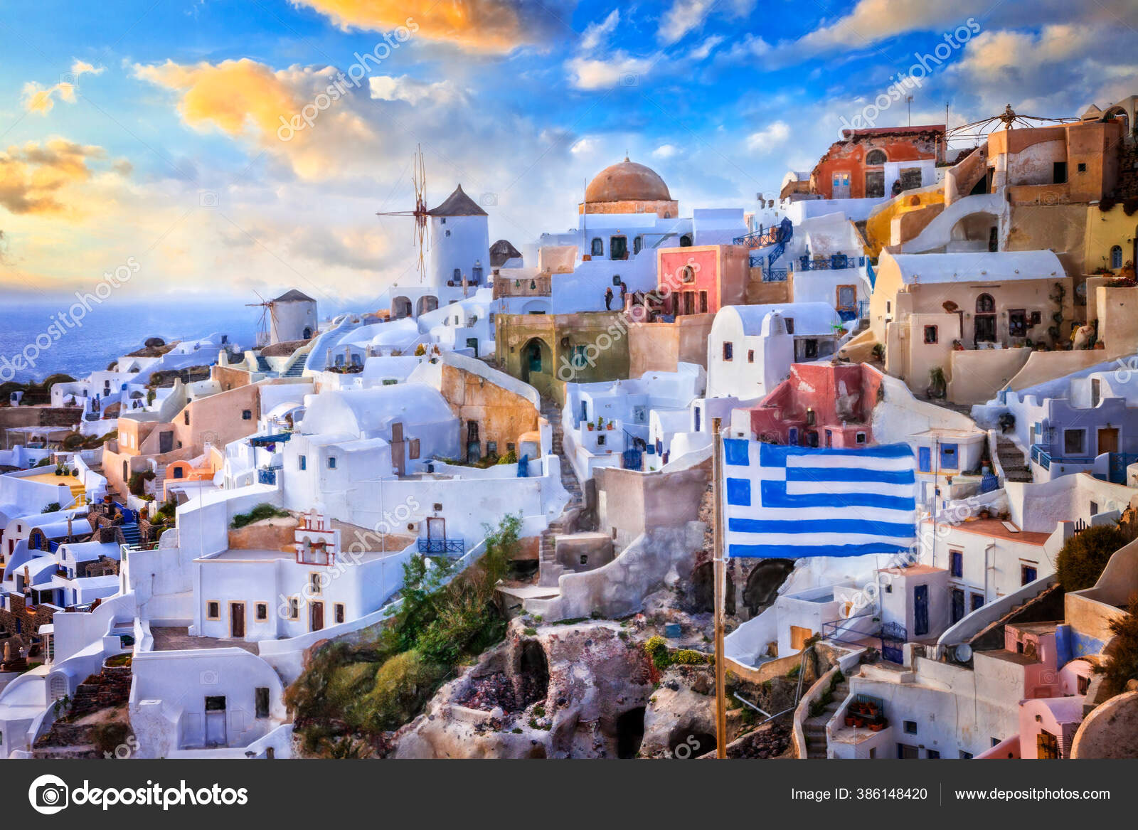 One Iconic Symbols Greece Santorini Island Artwork Painting Style Stock ...