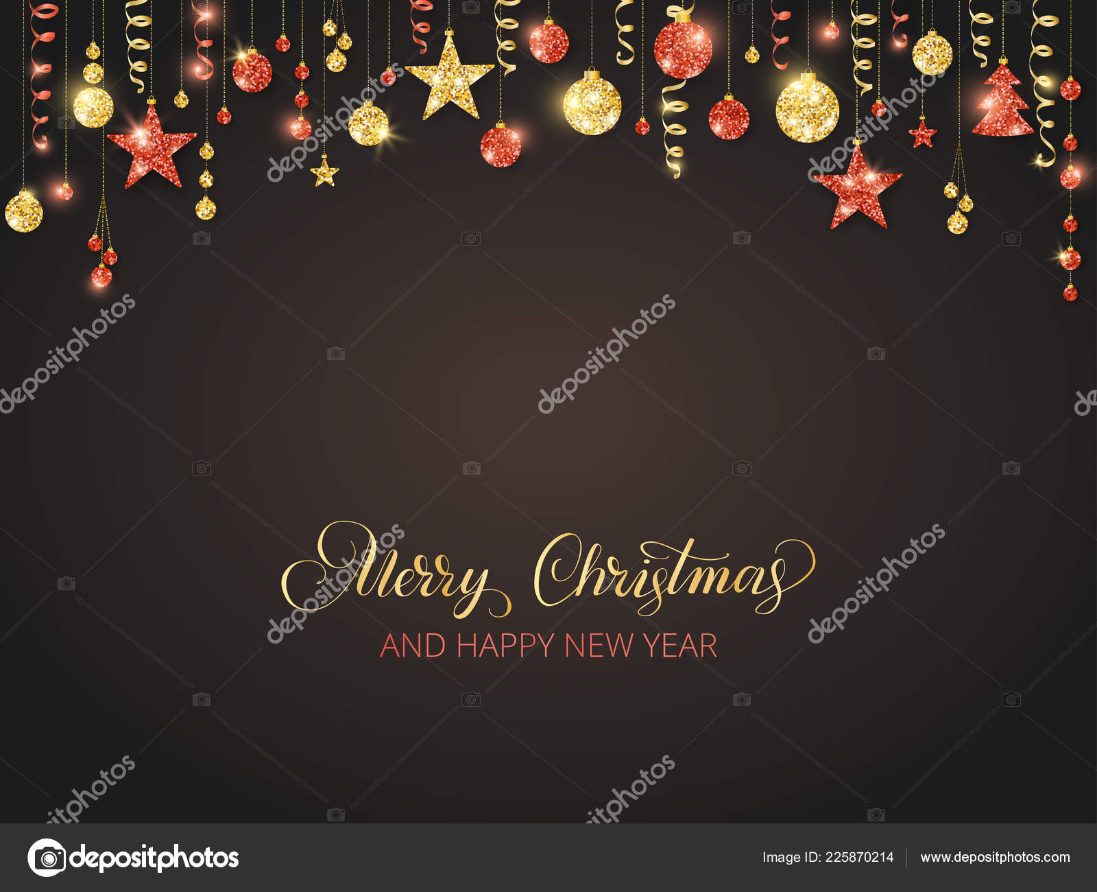 Christmas garland. Red and gold glitter bauble ornaments on black ...