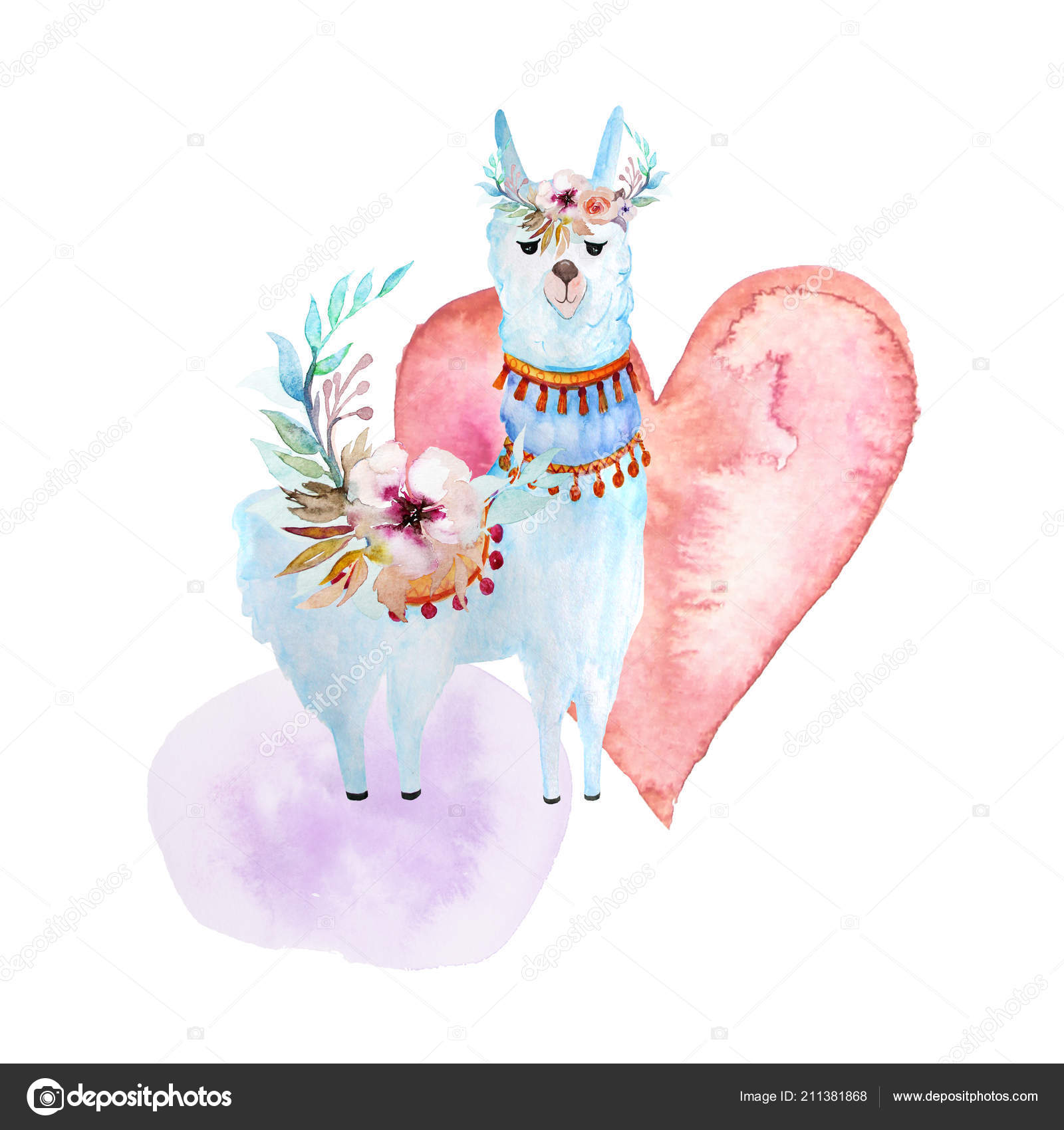White Llama Alpaca Heart Hand Drawn Watercolor Illustration Cute Mammal ...