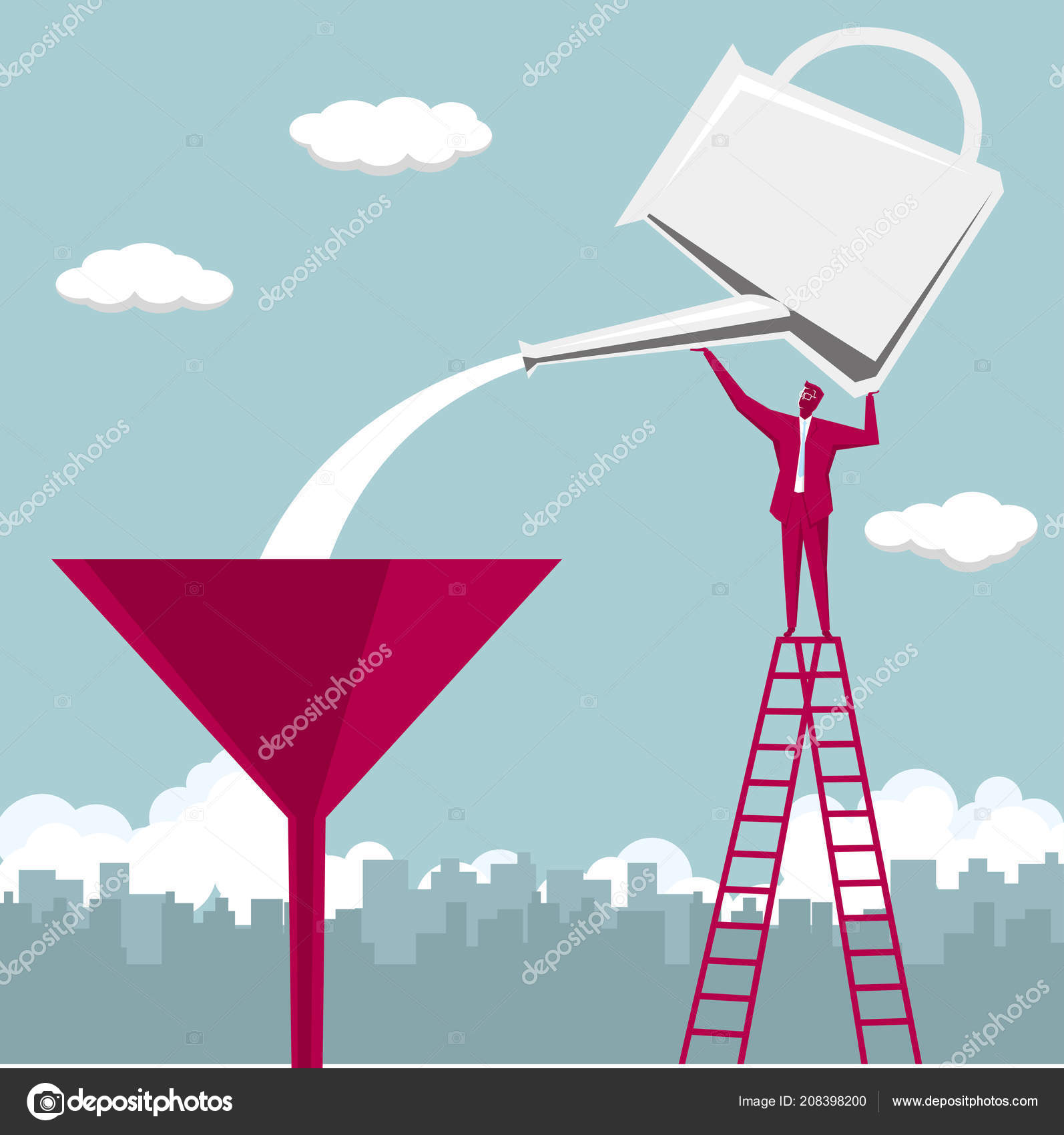 Businessman Lifts Kettle Watering Funnel Background Blue Stock Vector ...