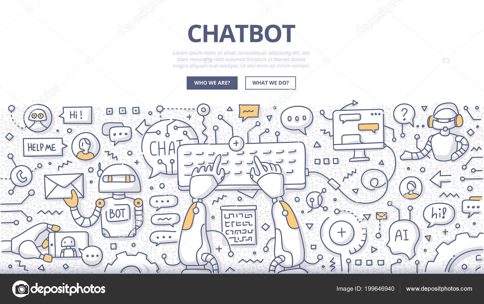 Doodle Vector Illustration Robot Communicating Online Typing Keyboard ...