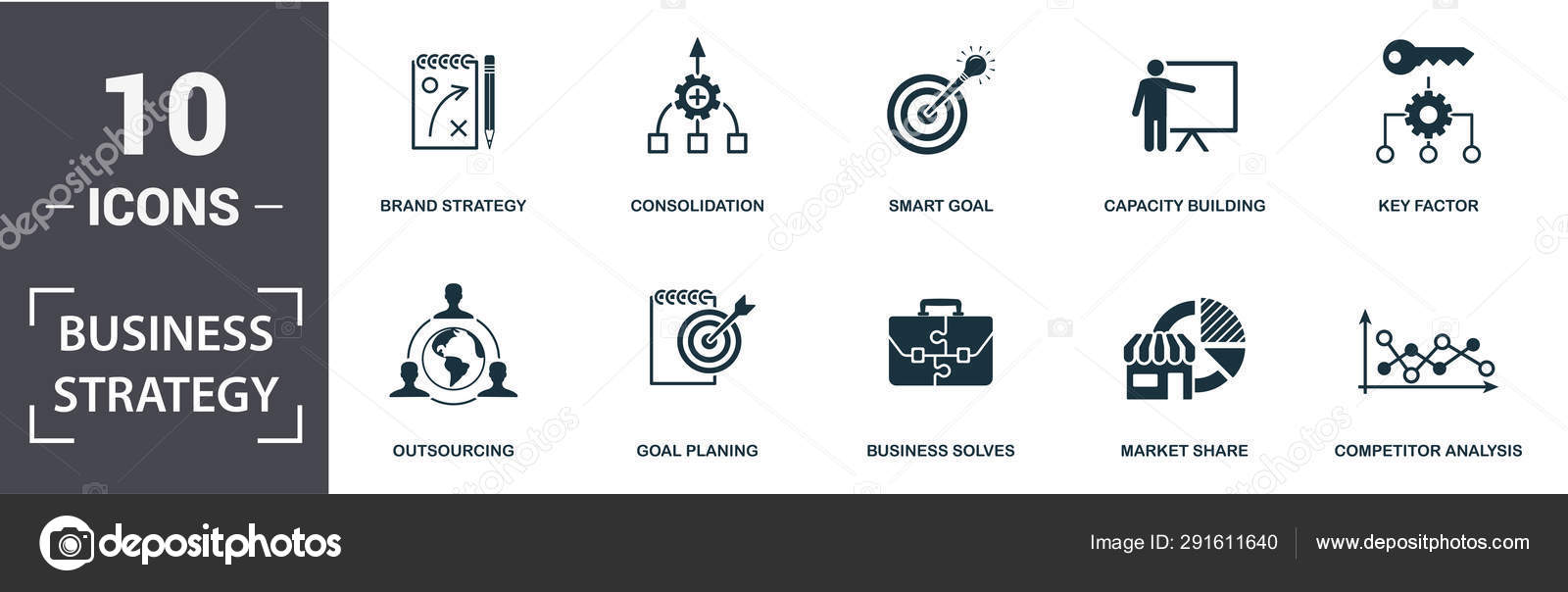 Business Strategy icon set. Contain filled flat business solves, brand ...