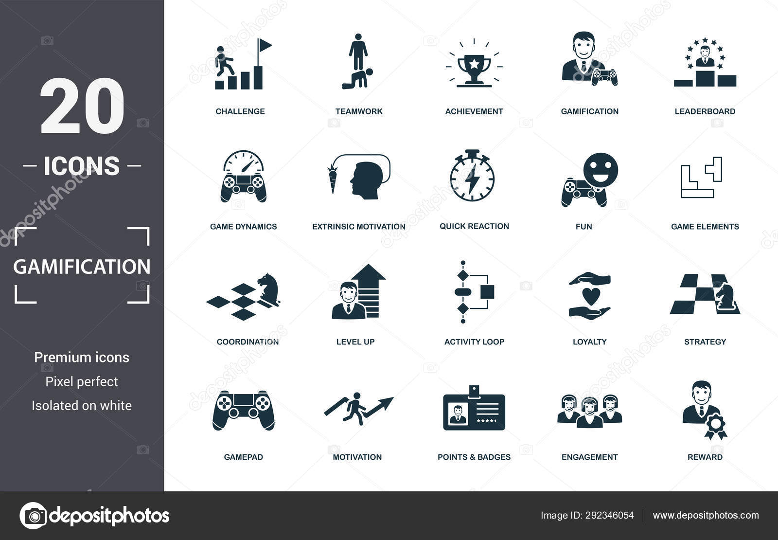 Gamification icon set. Contain filled flat game dynamics, achievement, game elements, points and ...