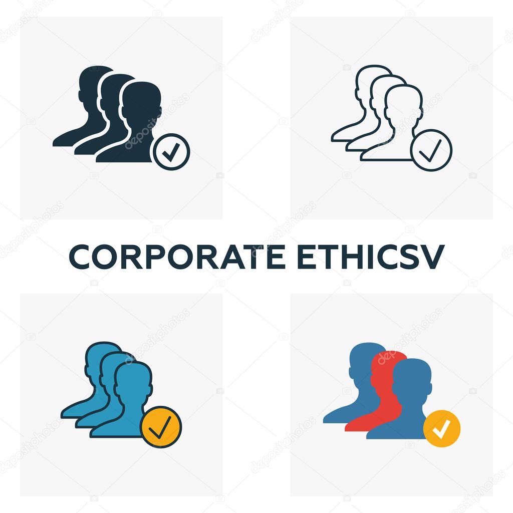 Conjunto de iconos de ética corporativa. Cuatro elementos en estilos ...