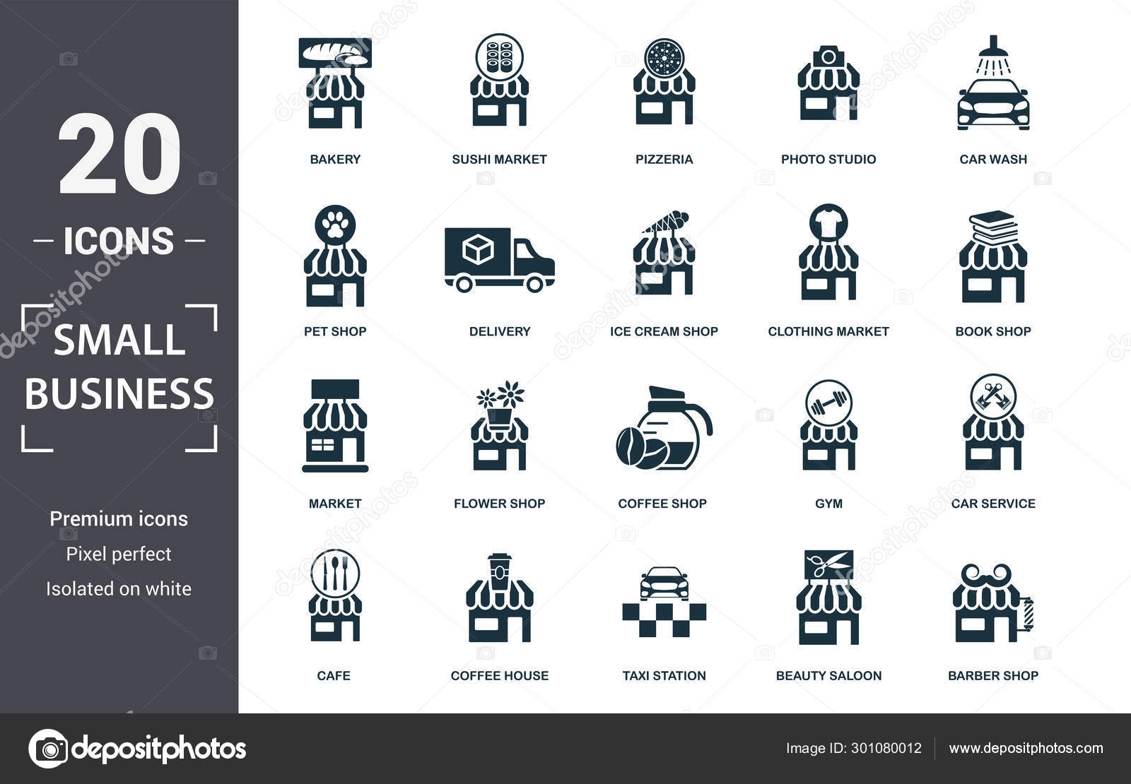 Small Business icon set. Contain filled flat market, taxi station, car ... Small Business icon set. Contain filled flat market, taxi station, car ...