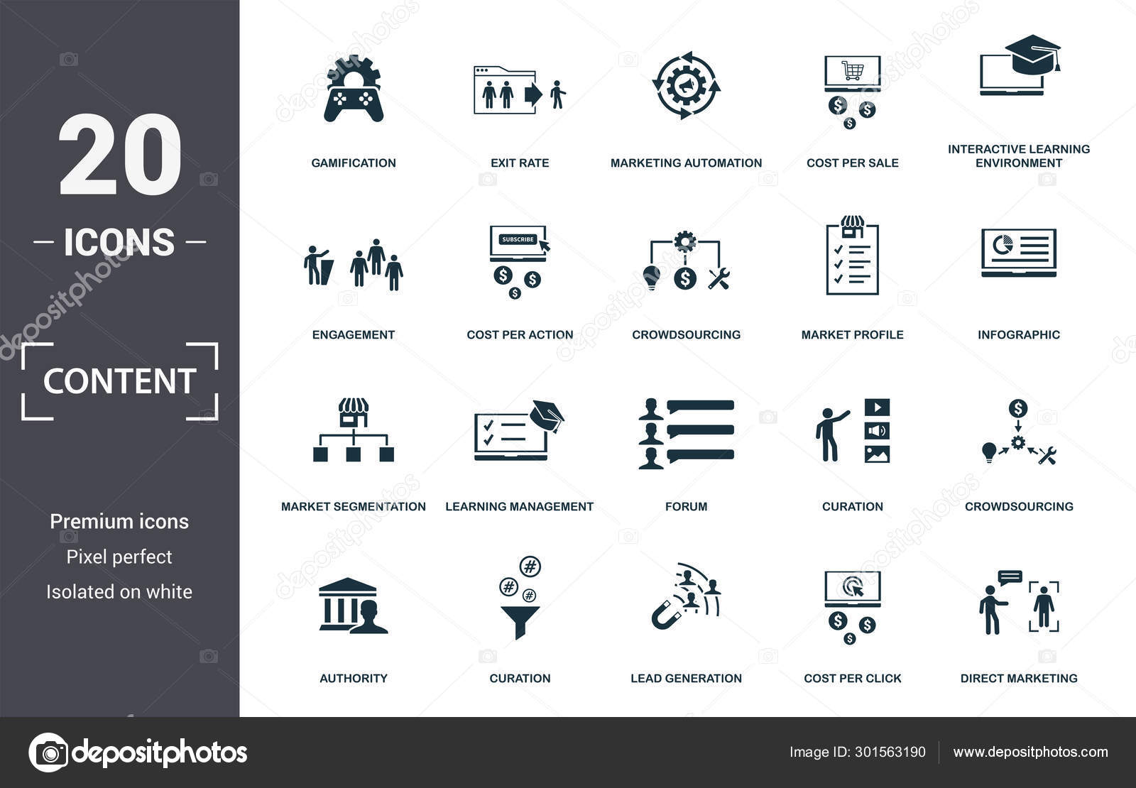Content icon set. Contain filled flat cms, content plan, content ...