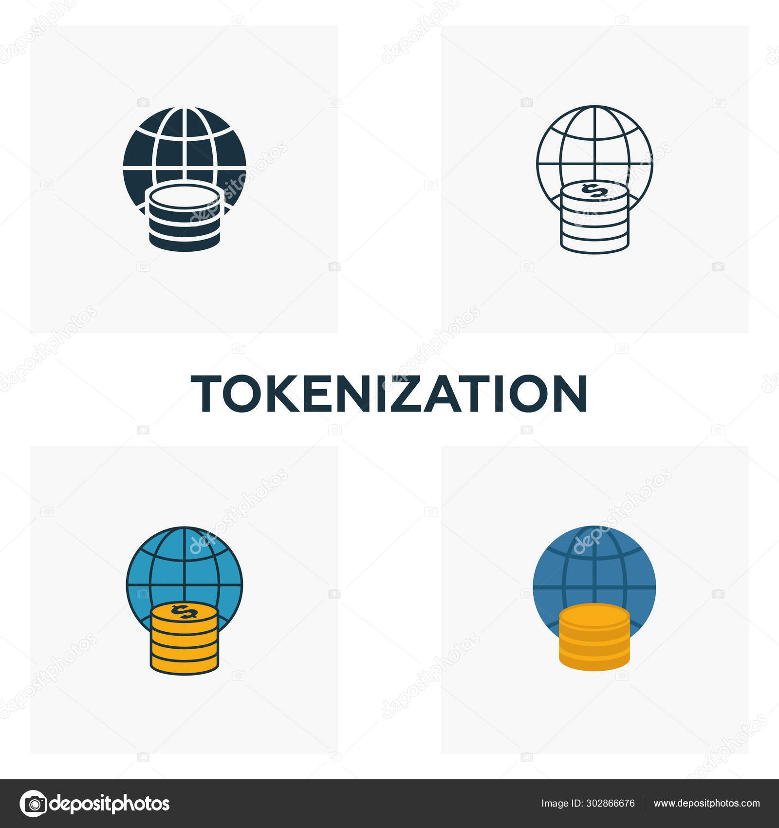 Conjunto de iconos de Tokenization. Cuatro elementos en estilos ...