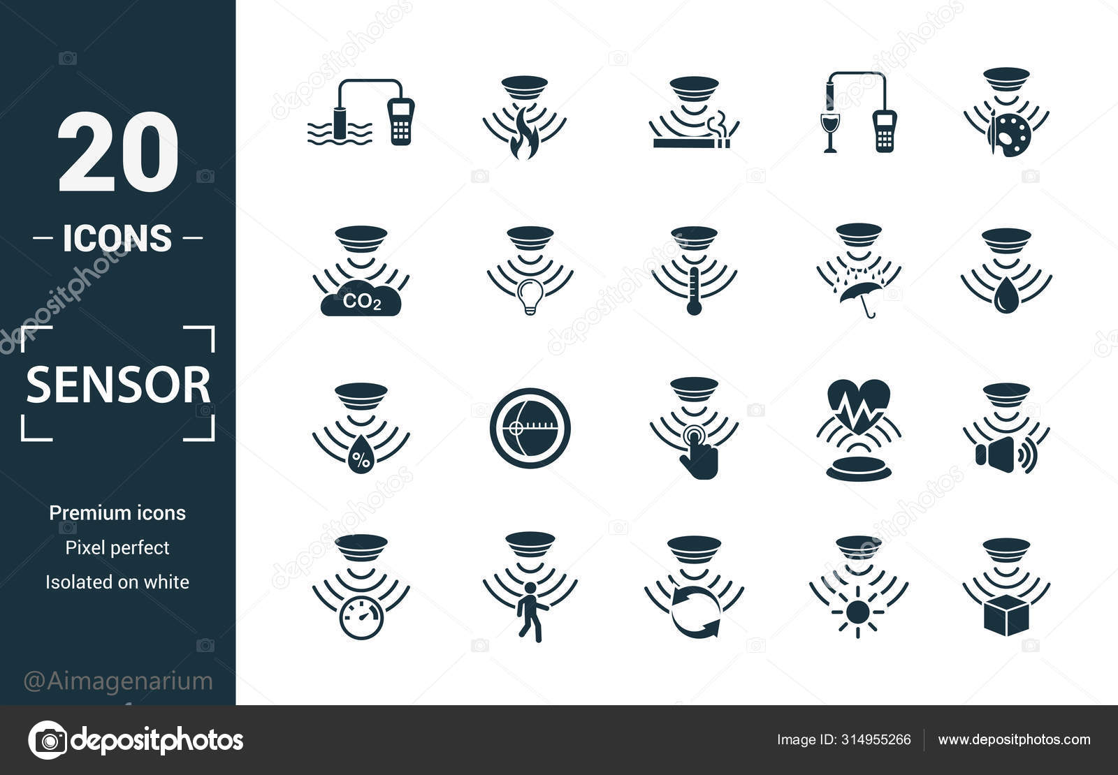Sensor icon set. Include creative elements water quality sensor, smoke ...