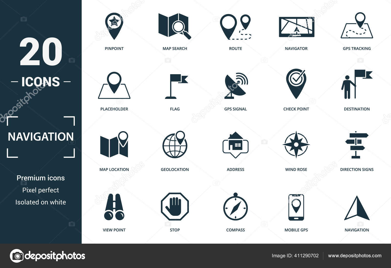Navigation Icon Set Collection Simple Elements Pinpoint Map Search Route Stock Vector by ...