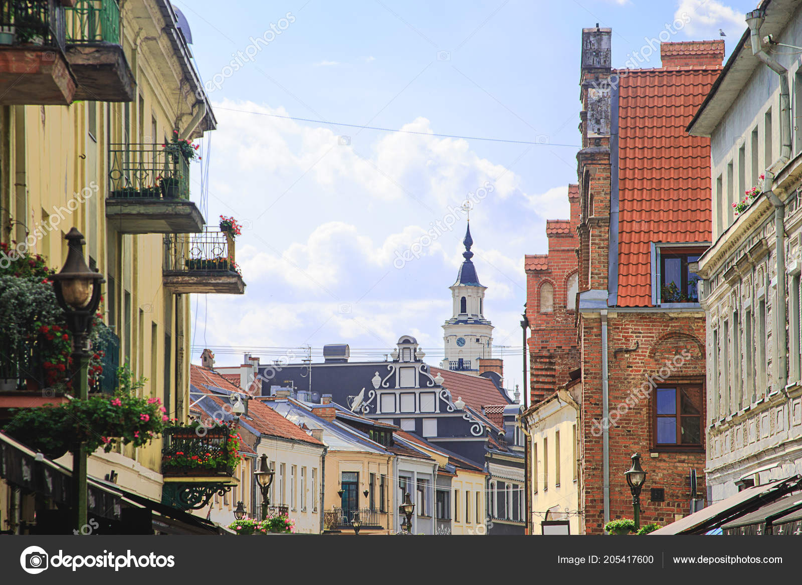 Kaunas Old Town street, Lithuania. Walls of houses, historical ...