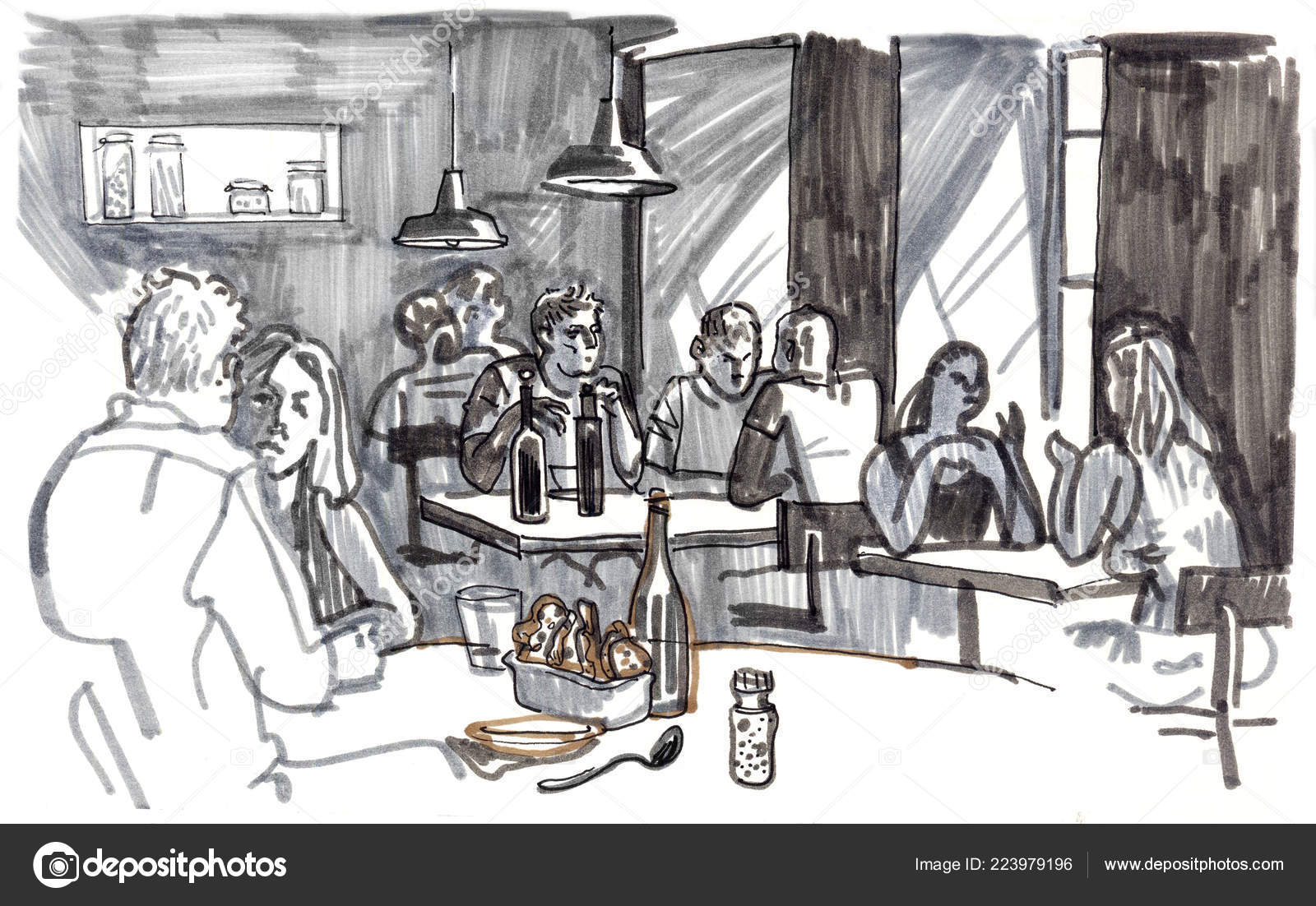 People eating and talking in a cozy restaurant by the window. Hand ...