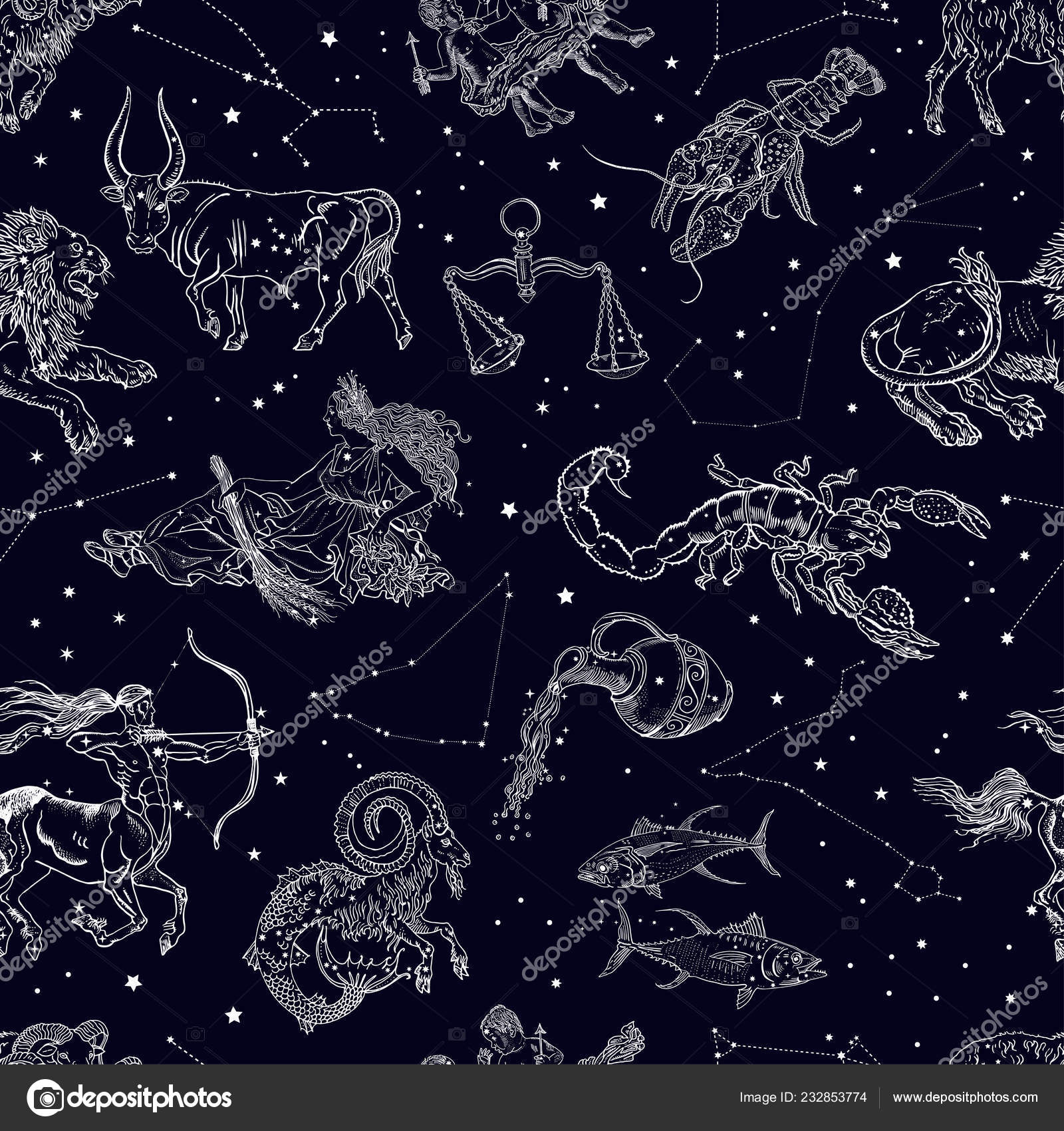 Zodiac signs, constellations and stars seamless pattern. Aries, Taurus ...