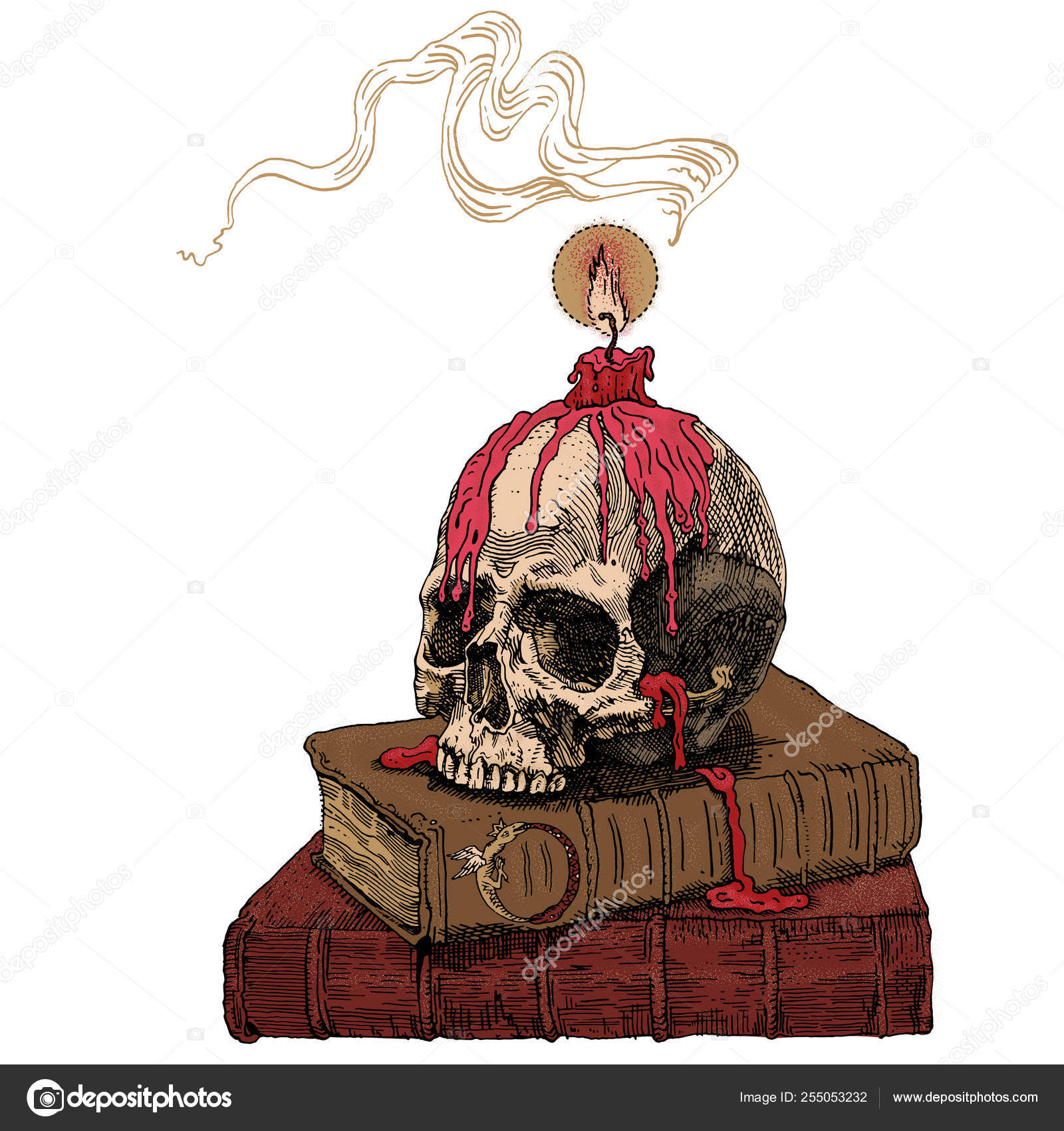 Magic books, skull and wax candle, flame and smoke. Hand drawn ...