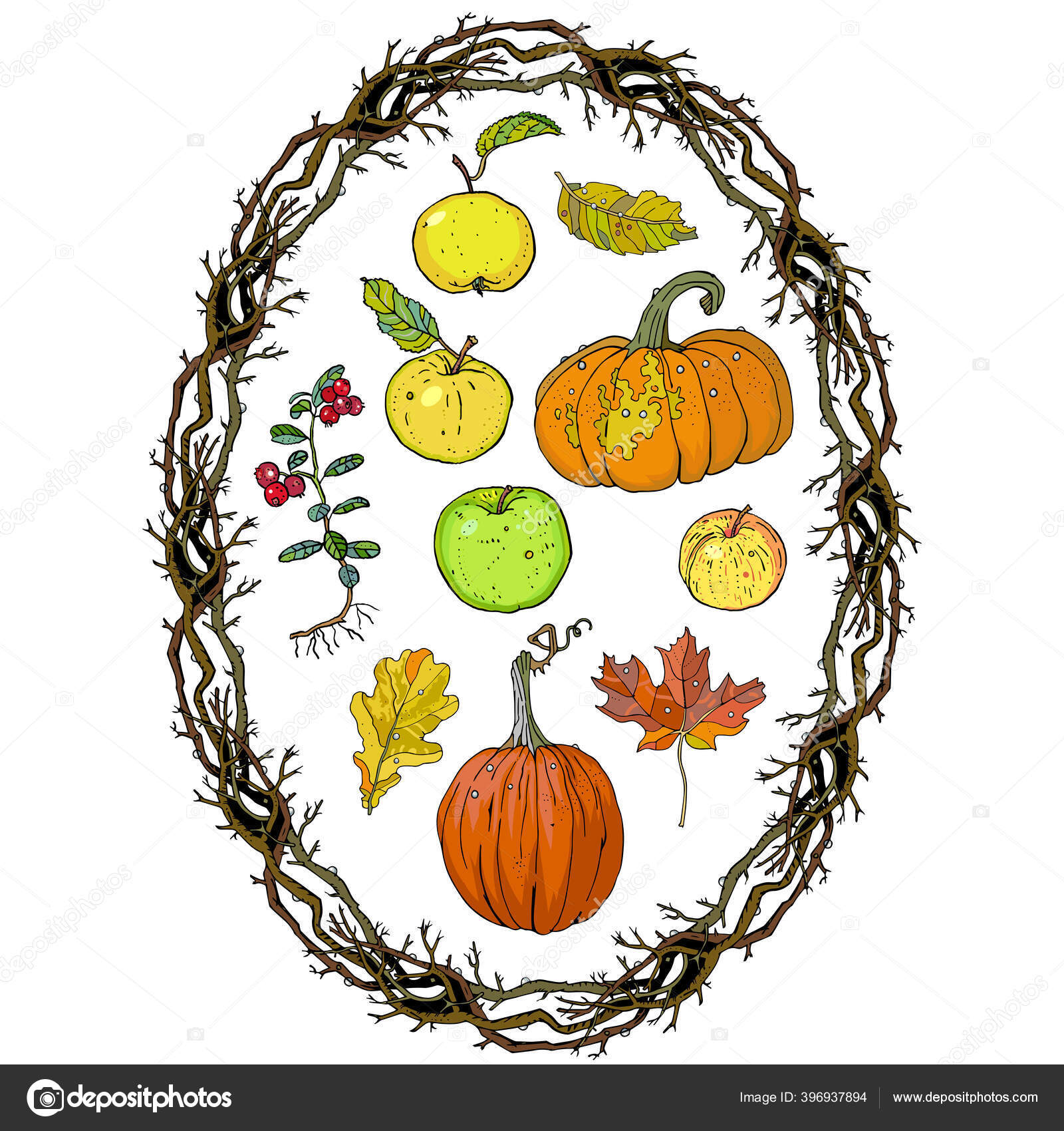 Autumn harvest clipart set: oval wreath branches frame, pumpkins ...