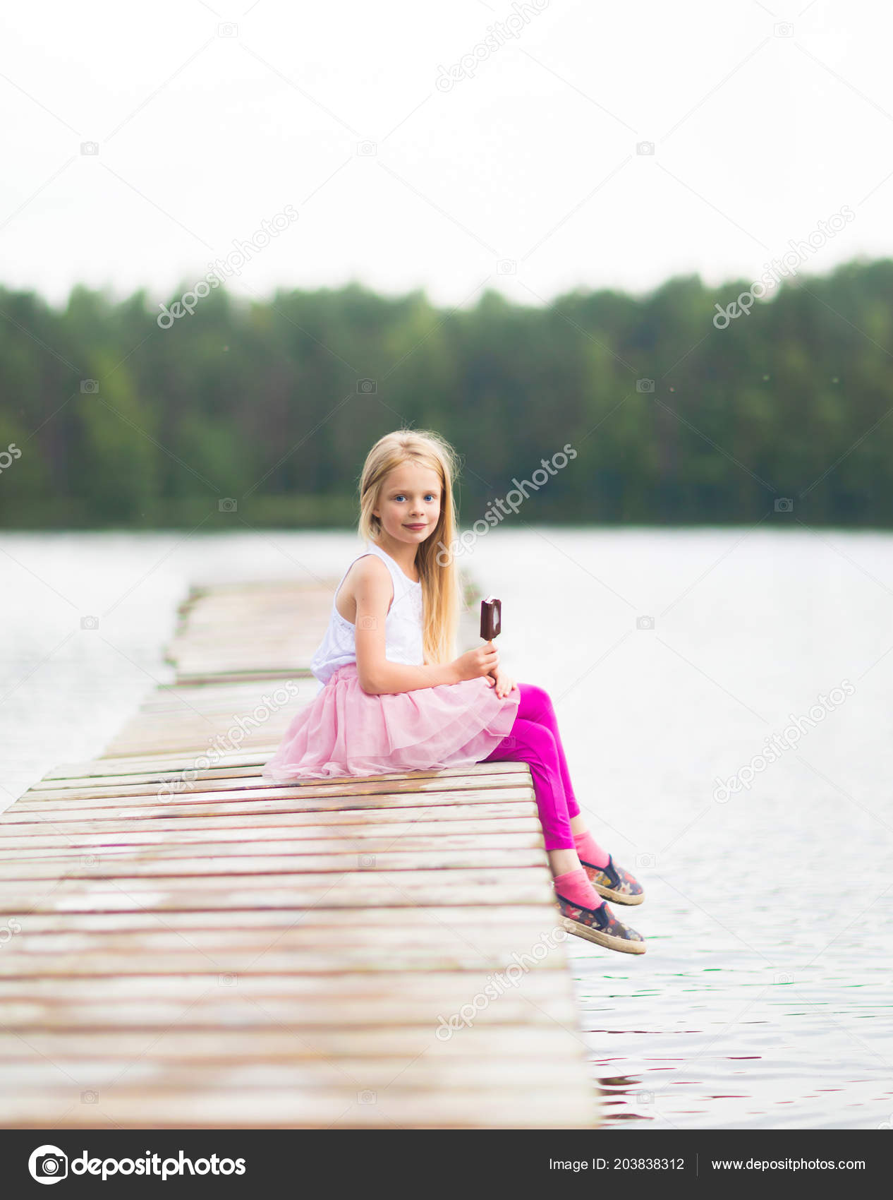 Little Girl Eats Stick Ice Cream Bar Eskimo Pie Outdoors — Stock Photo ...
