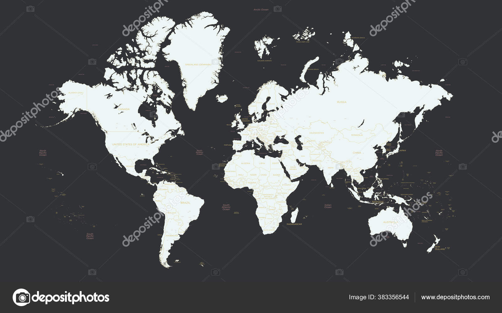 Szczegółowa Mapa Świata Nazwami Krajów Dużych Miast Mórz Oceanów Lekka ...