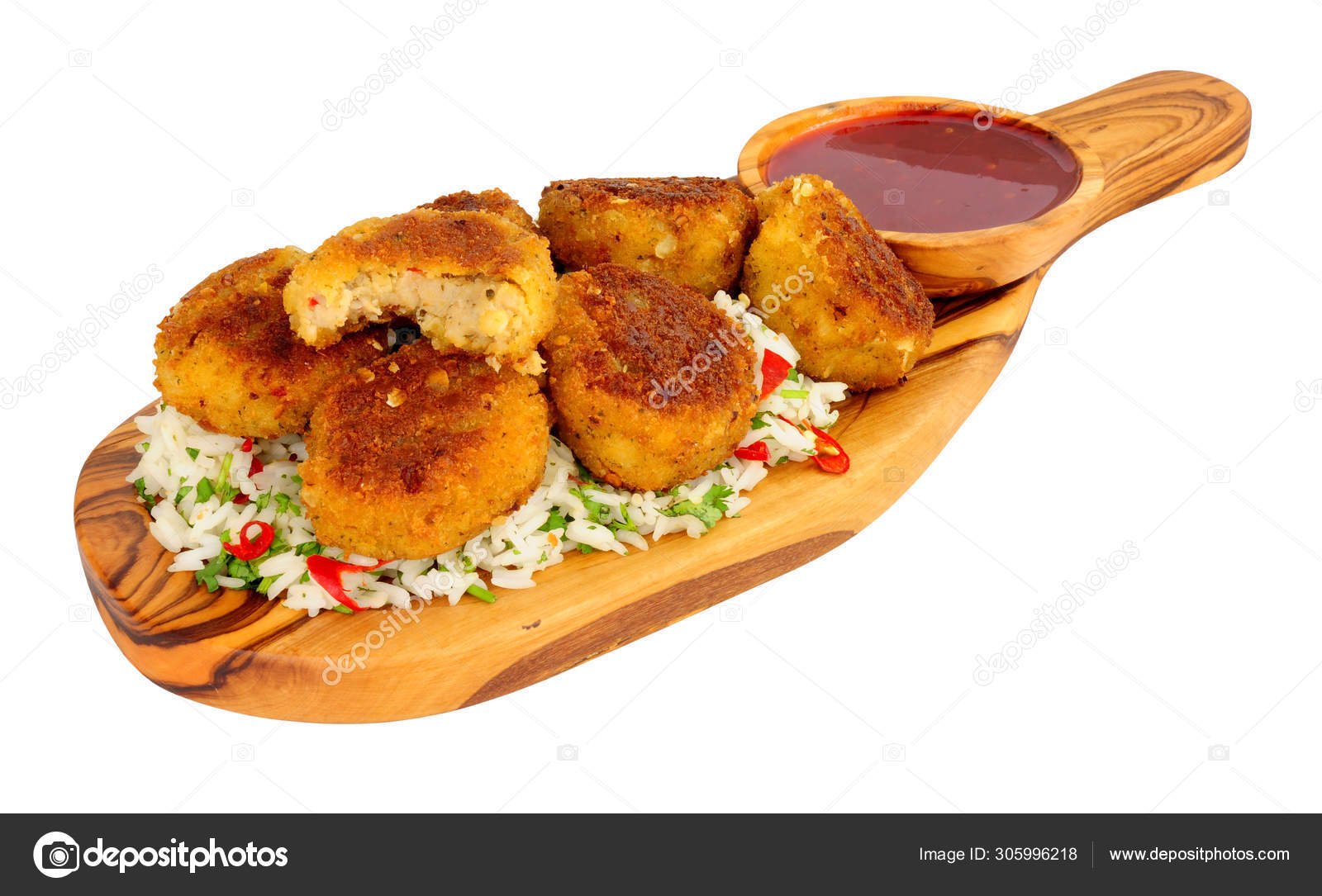 Prawn Fish Cakes Rice Chilli Sauce Dip Olive Wood Serving Stock Photo ...