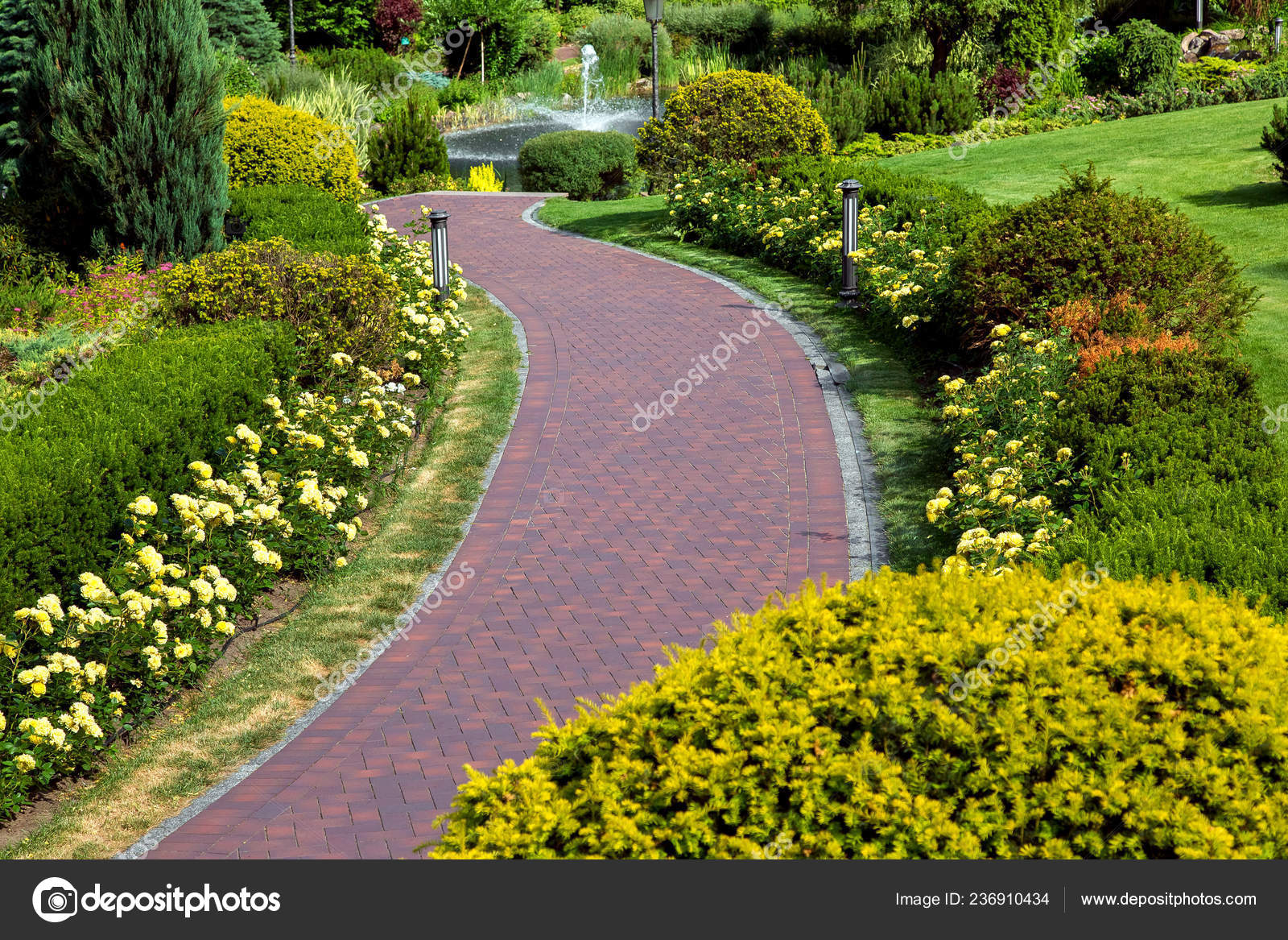 Curved Path Paving Slabs Park Area Landscape Design Flower Bed — Stock ...