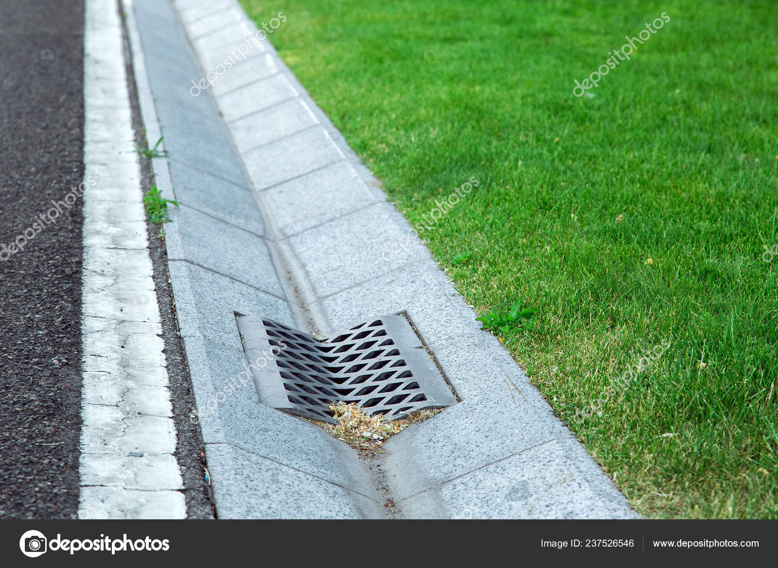 Gutter Stormwater Drainage System Perspective Side Road Markings Lawn ...