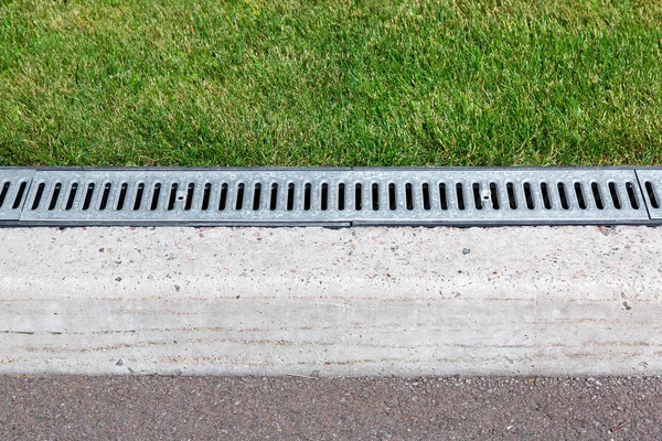Iron Drainage System Closeup Iron Grille Asphalt Road Green Grass Stock ...