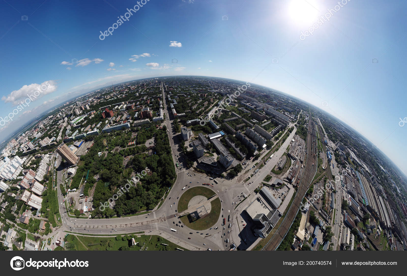 Aerial View Square City Roundabout Traffic Streets Buildings Green ...